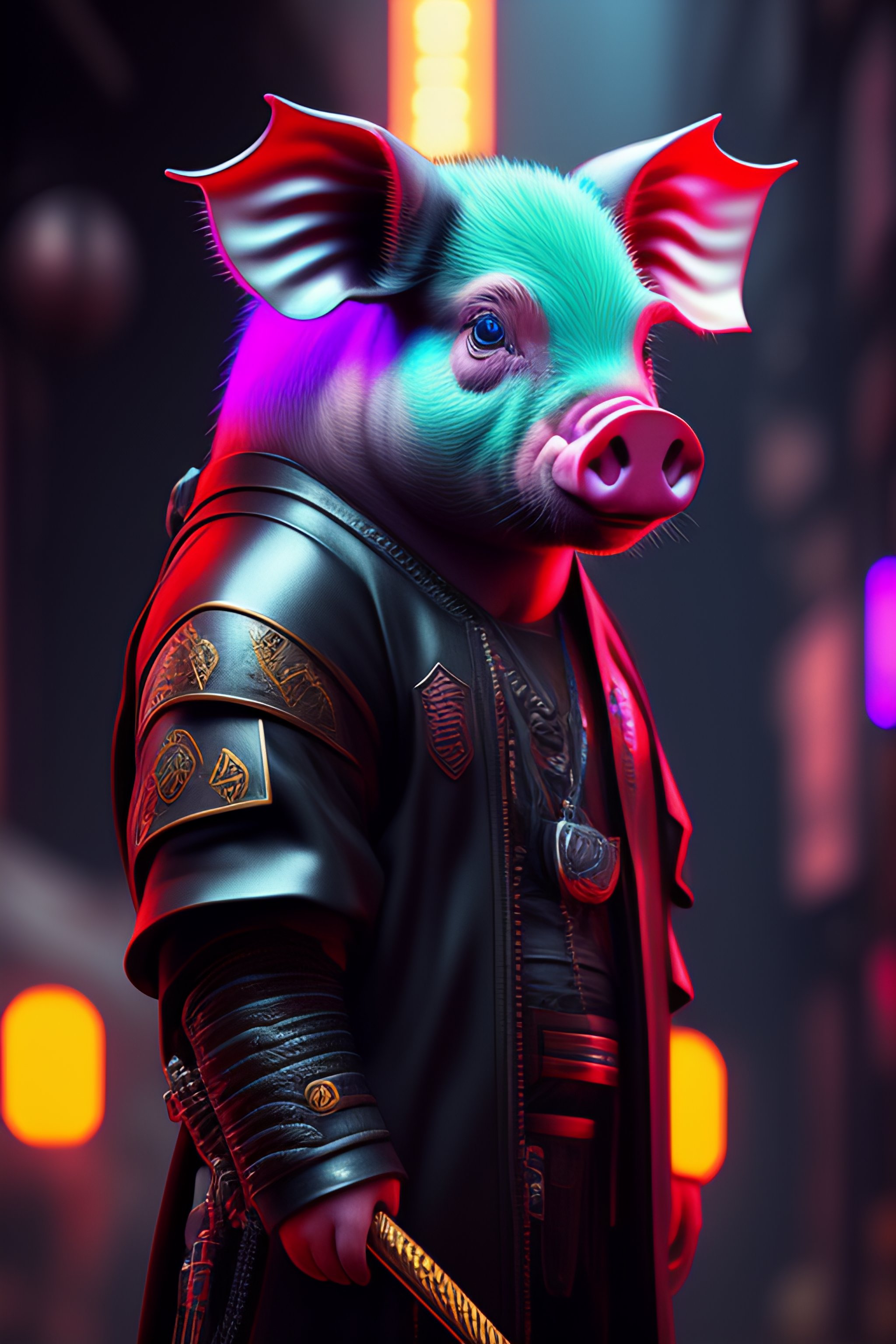 Lexica - Cyberpunk pig, with a sword, wetlook, abstract black oil, gear ...
