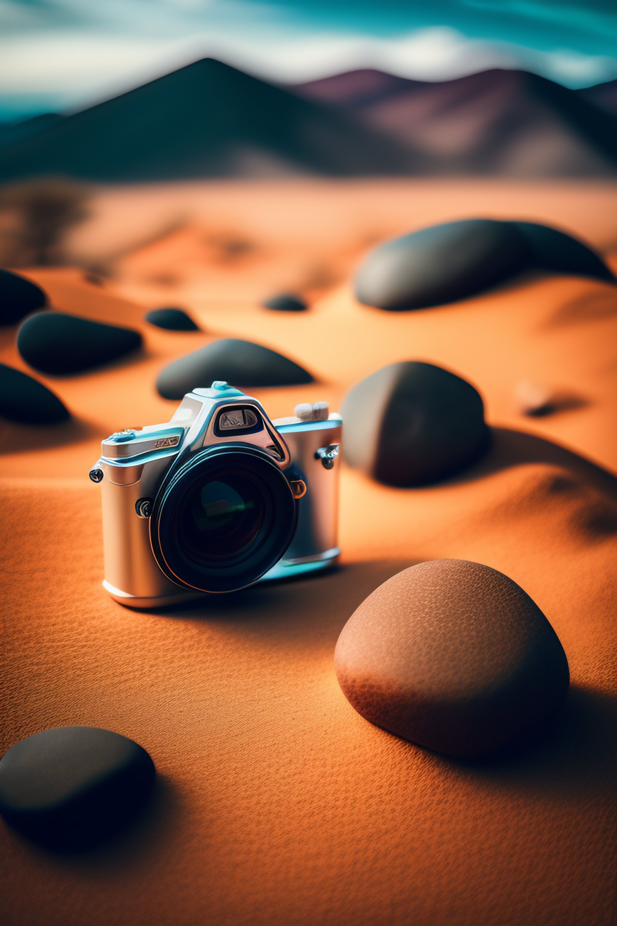 Lexica - Camera on floor, top view, backround of a lot rocks, photo