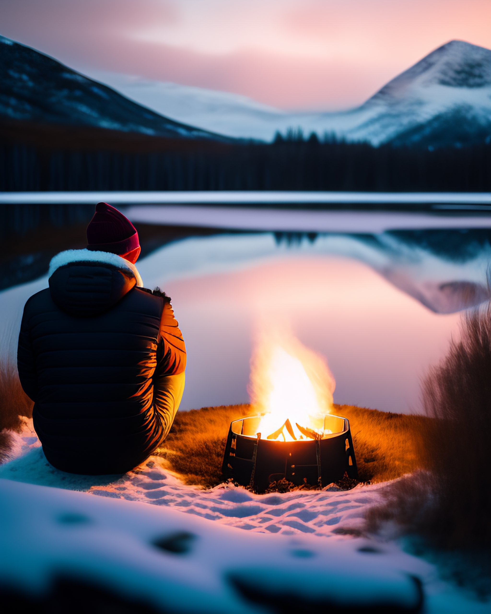 Lexica - Cold night, a person sitting next to a fire place