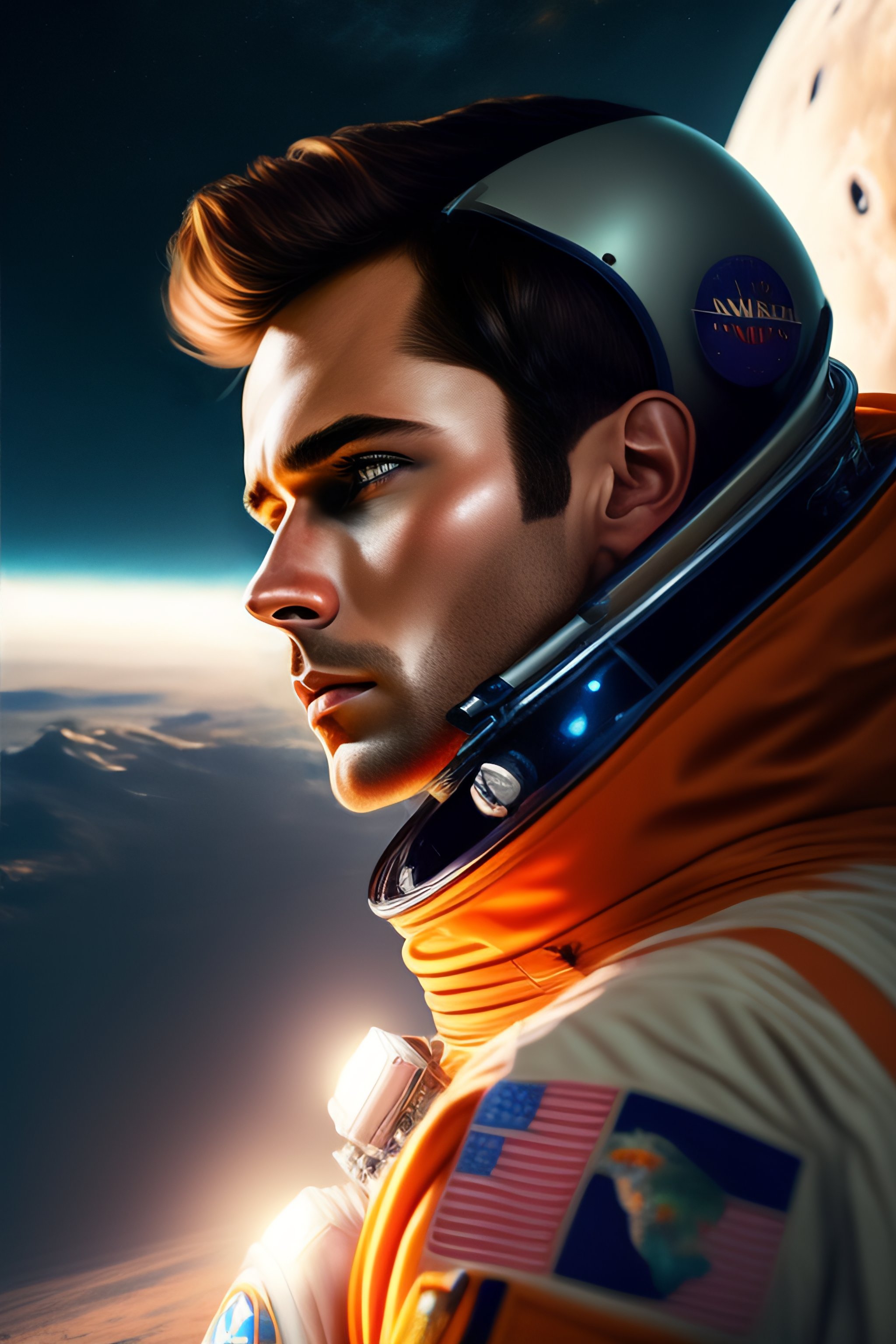 Lexica - Portrait of a male brown hair astronaut on moon looking at ...