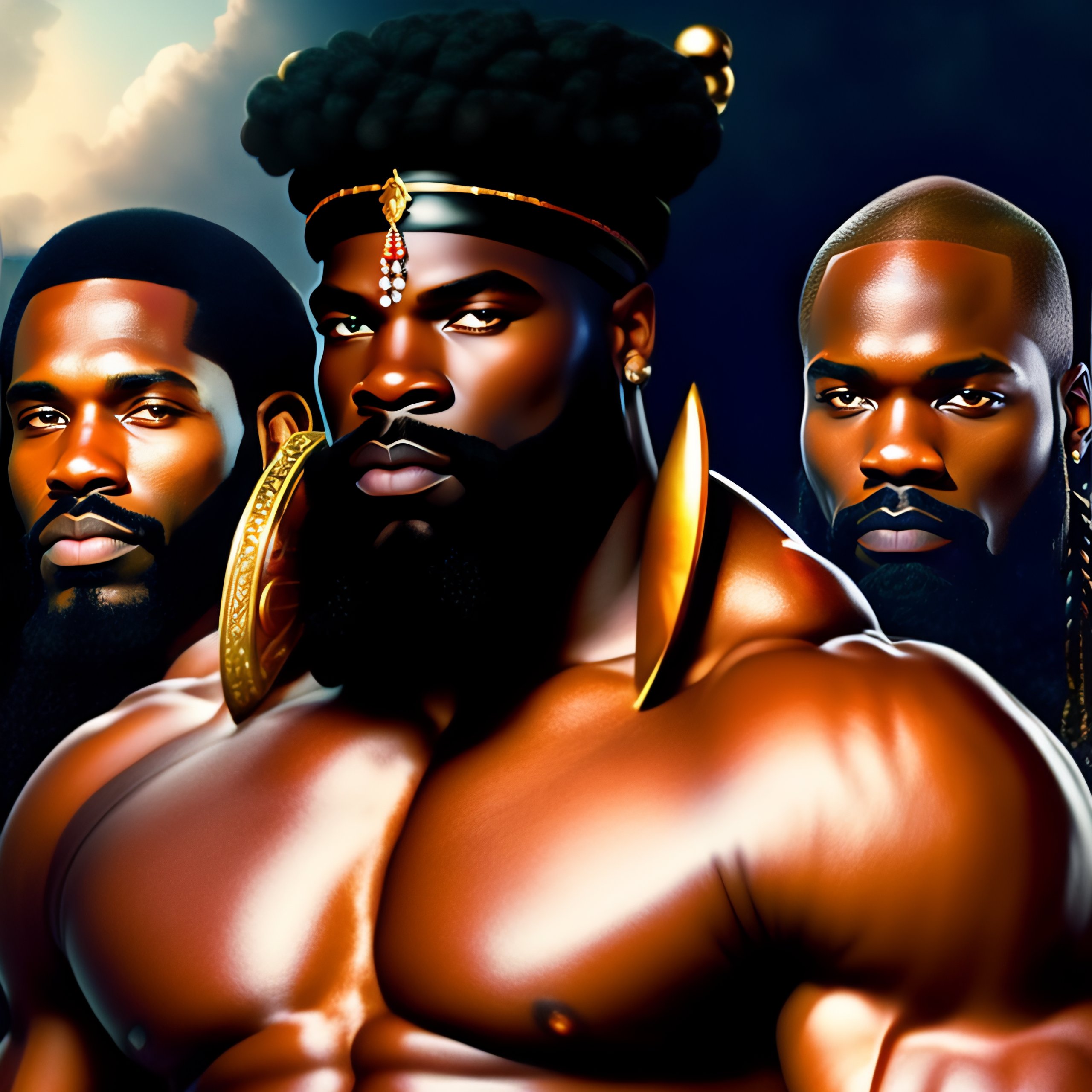 Lexica - Three muscular bearded african american men, on mount Olympus ...