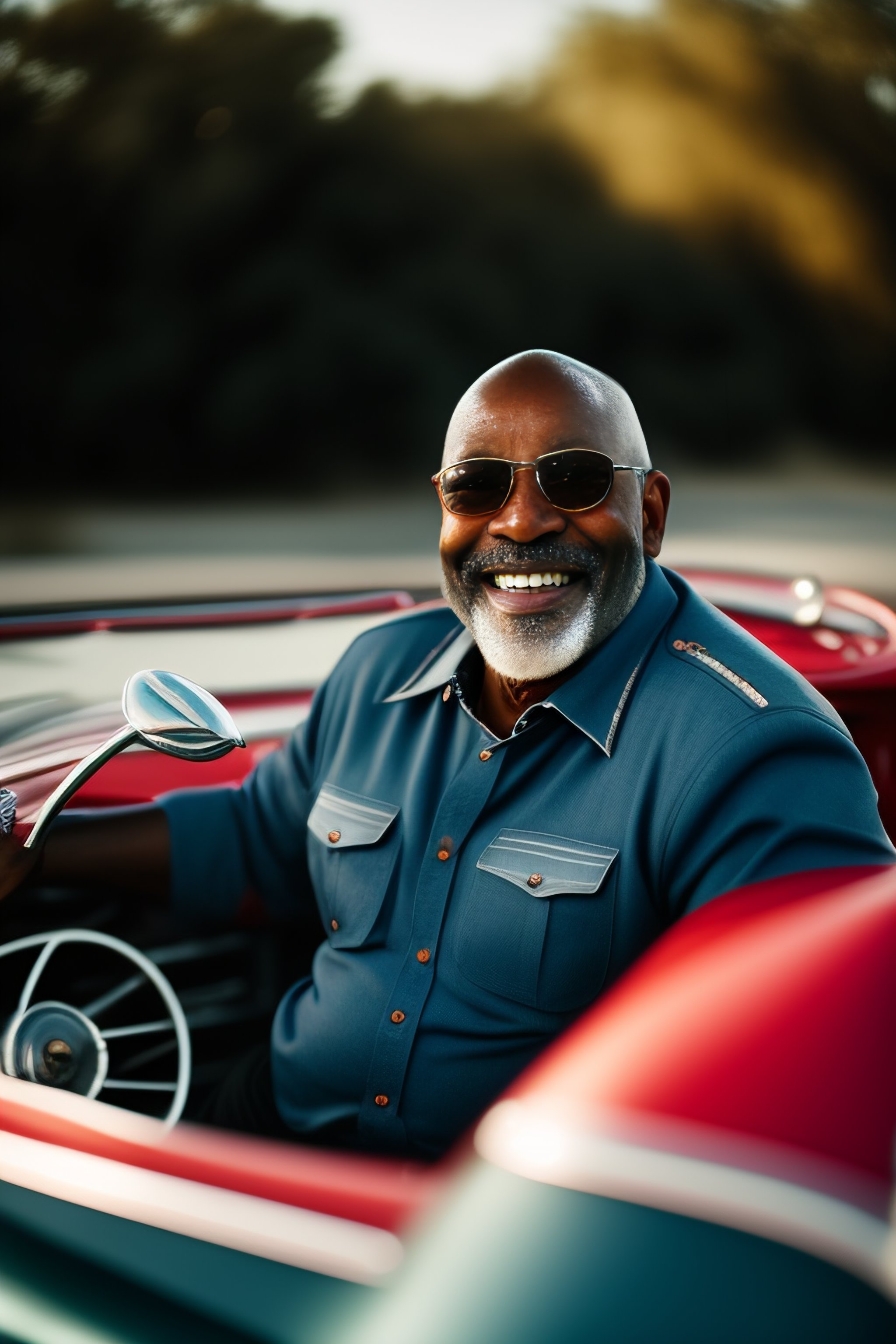 Lexica - Old bald black man with a grey beard, driving a red 1960 ...