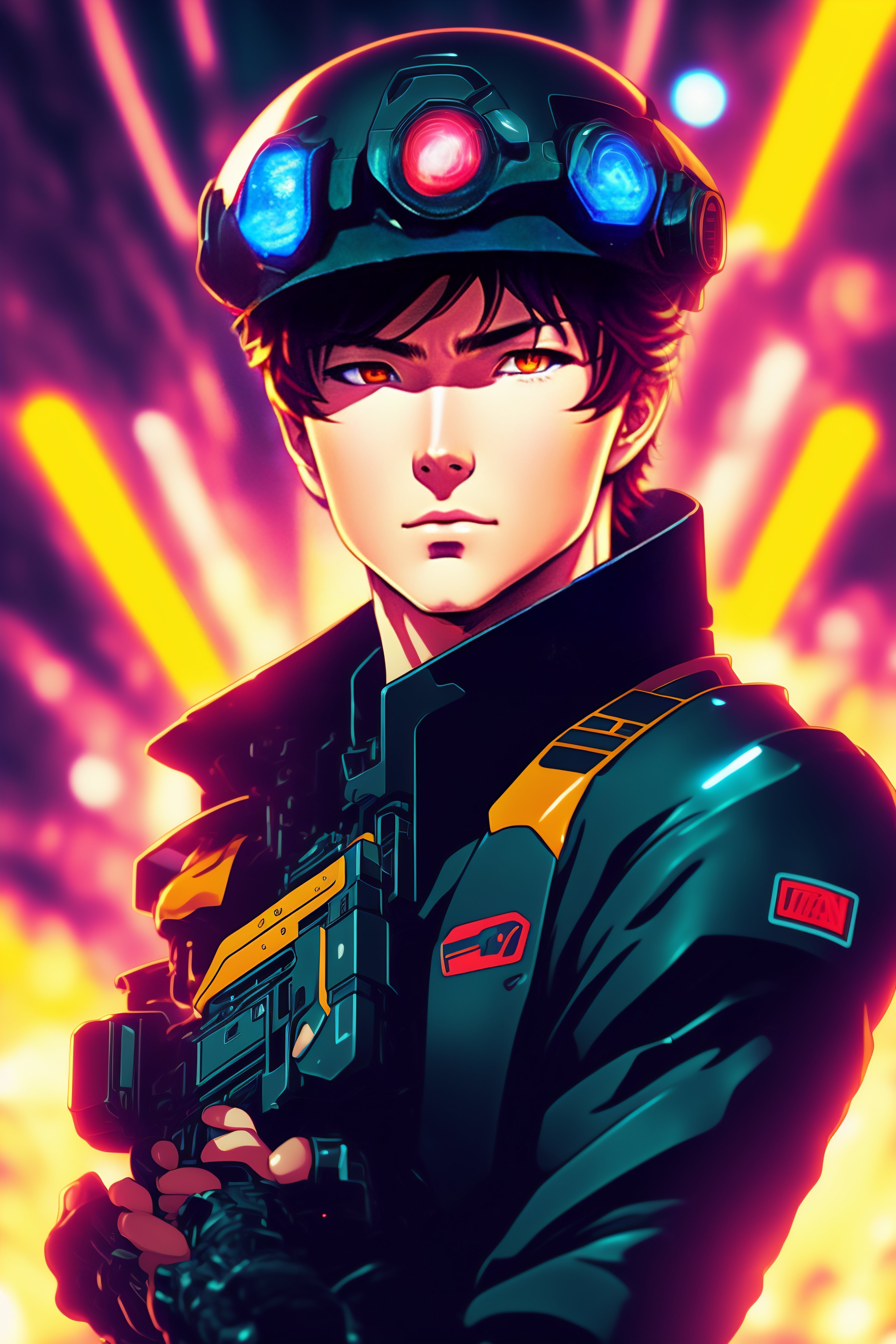 Lexica - Portrait of a mecha man holding a laser handgun, anime style