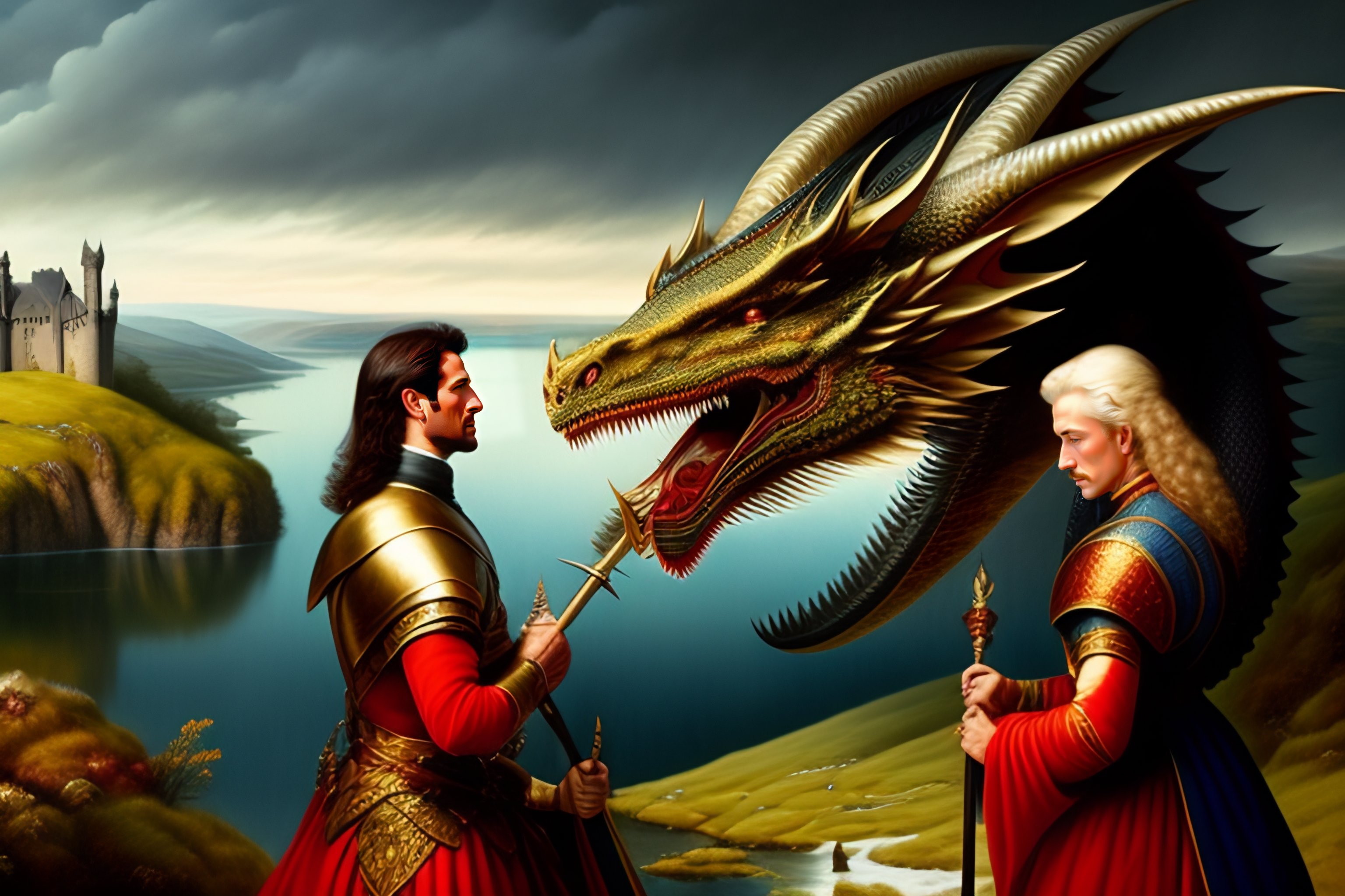 Lexica - Men kills dragon with sword in his head, in irish landscape ...