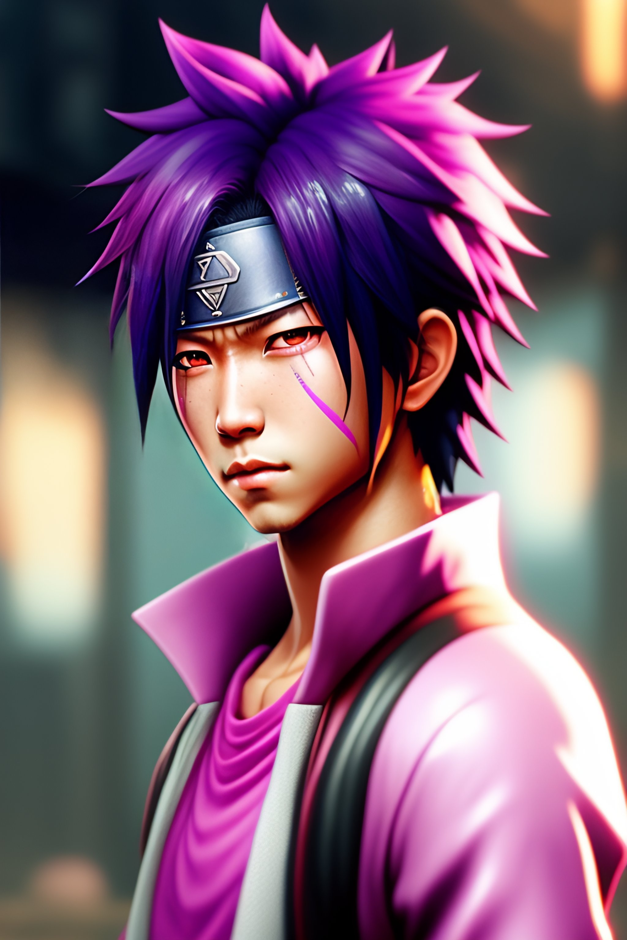 Lexica - Sasuke Uchiha, pink hair, realistic, slum background