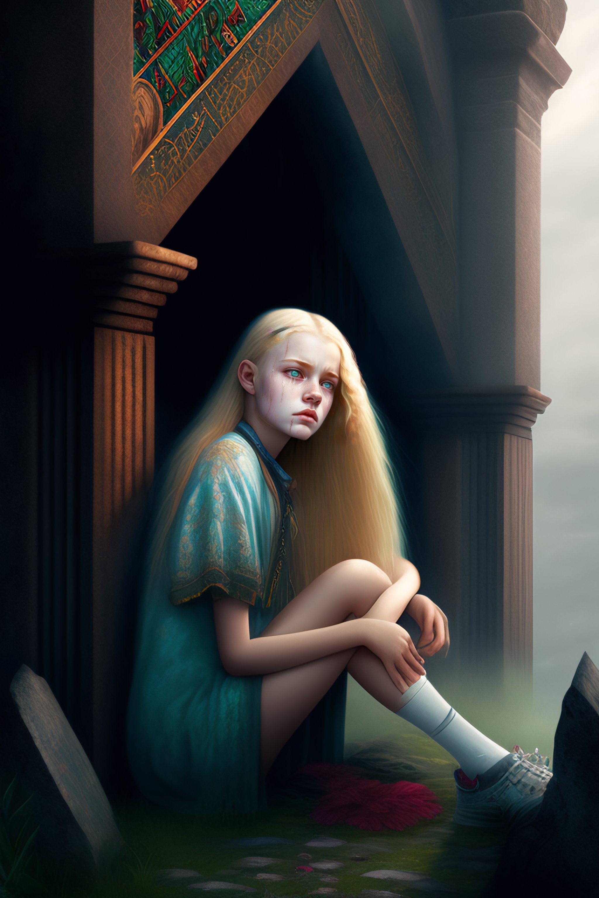 Lexica - 12 years old crying sad albino vampire female sitting on the ...