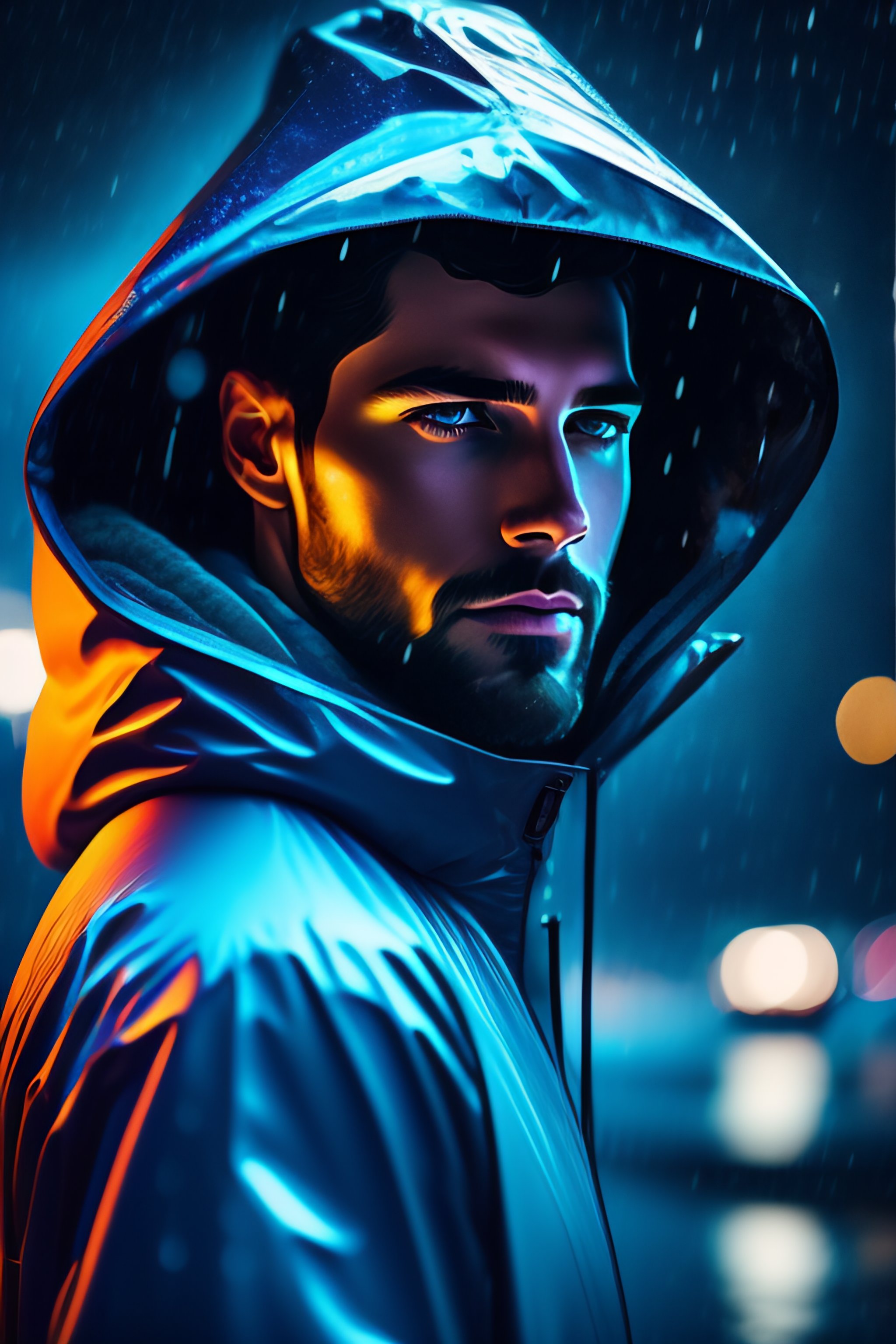 Lexica - Portrait of a man in a raincoat at night and in rainy weather ...