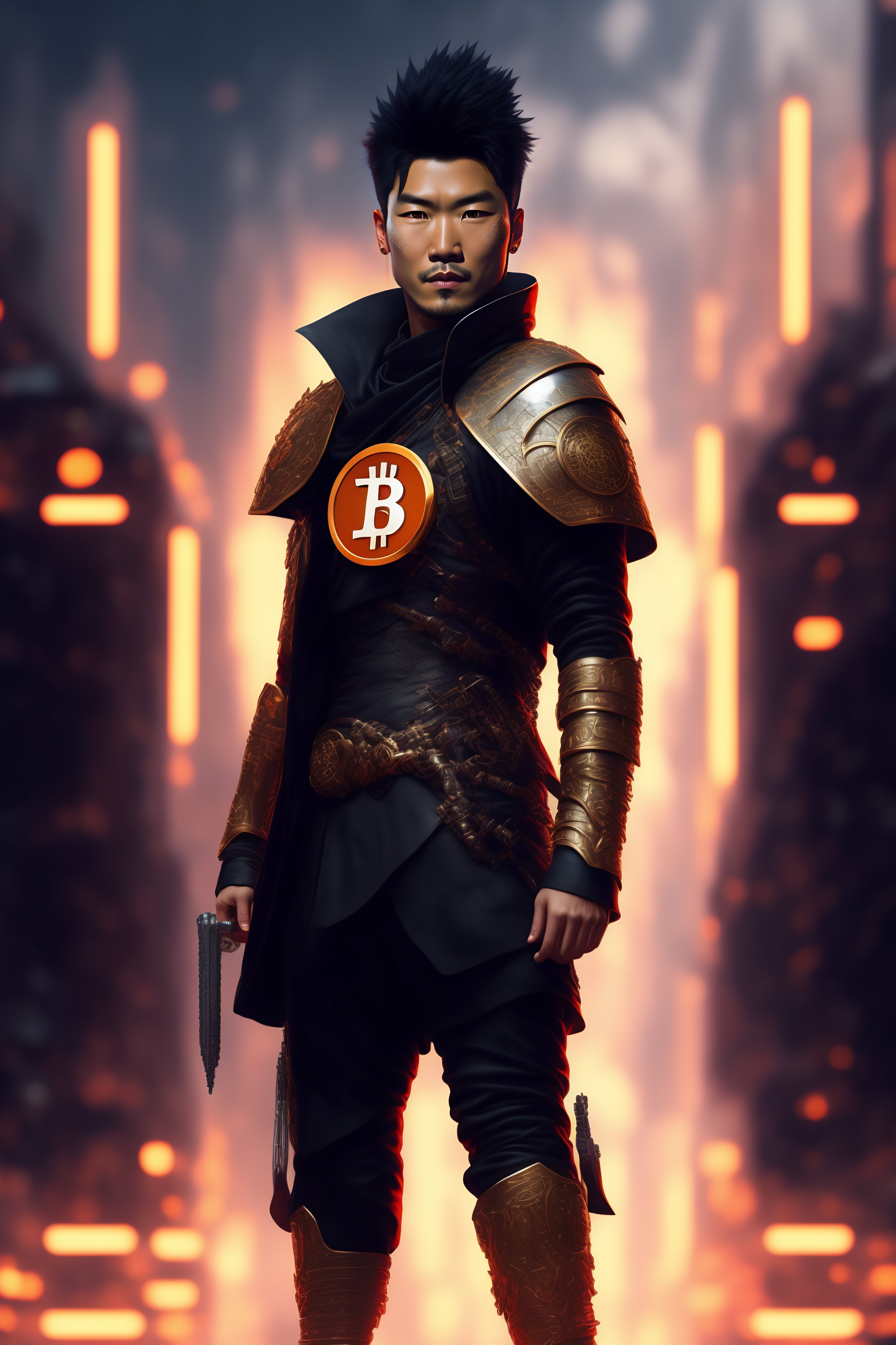 Lexica - Hiro Protagonist Snow Crash wearing Bitcoin logo armour, samurai sword, steampunk style