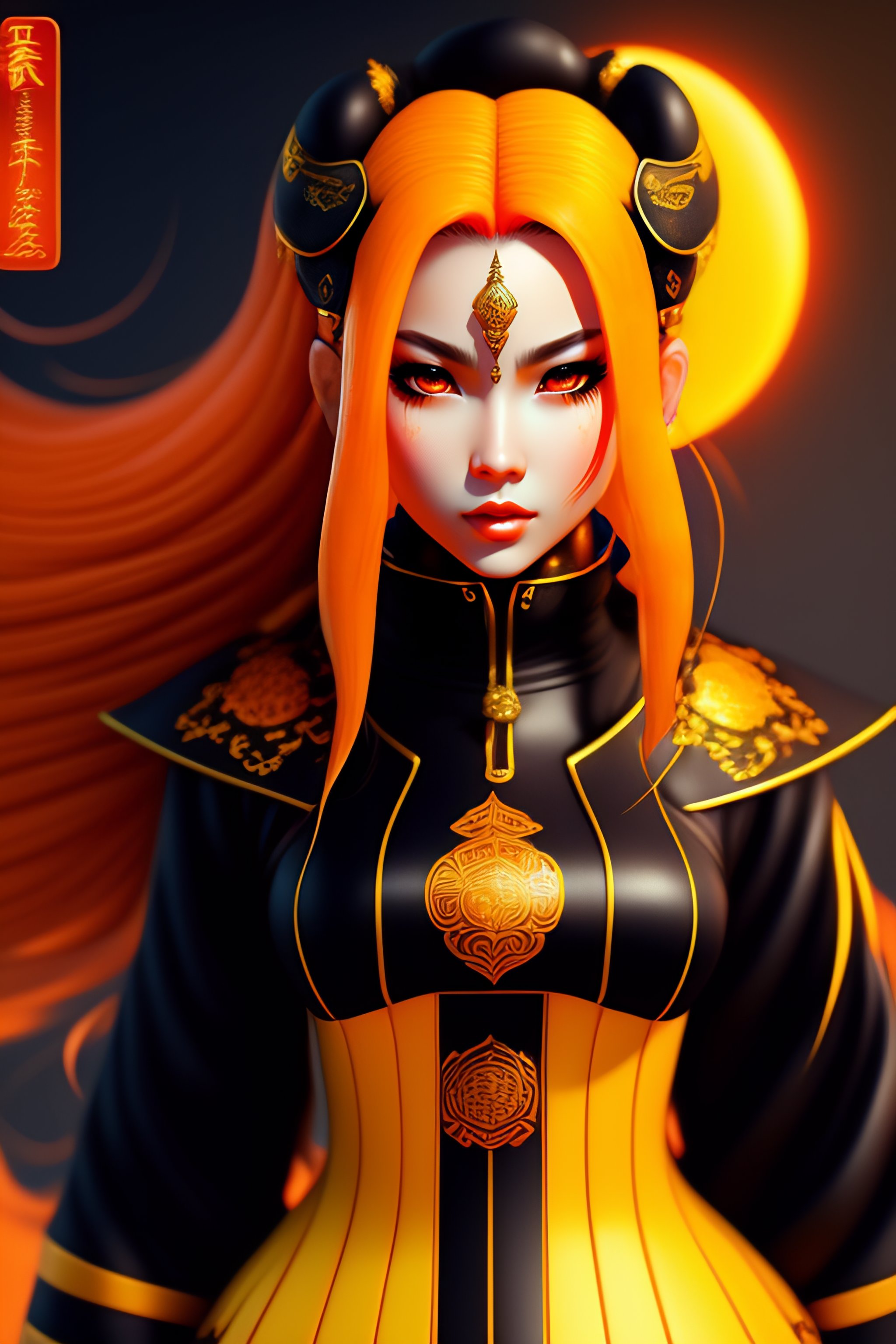 Lexica - Samourai girl with japanese embroidered dress ,orange lips, black and yellow hair ...