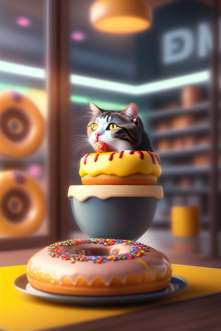 Lexica - A cat eating donut in yellow shop, bokeh, canon 50mm ...