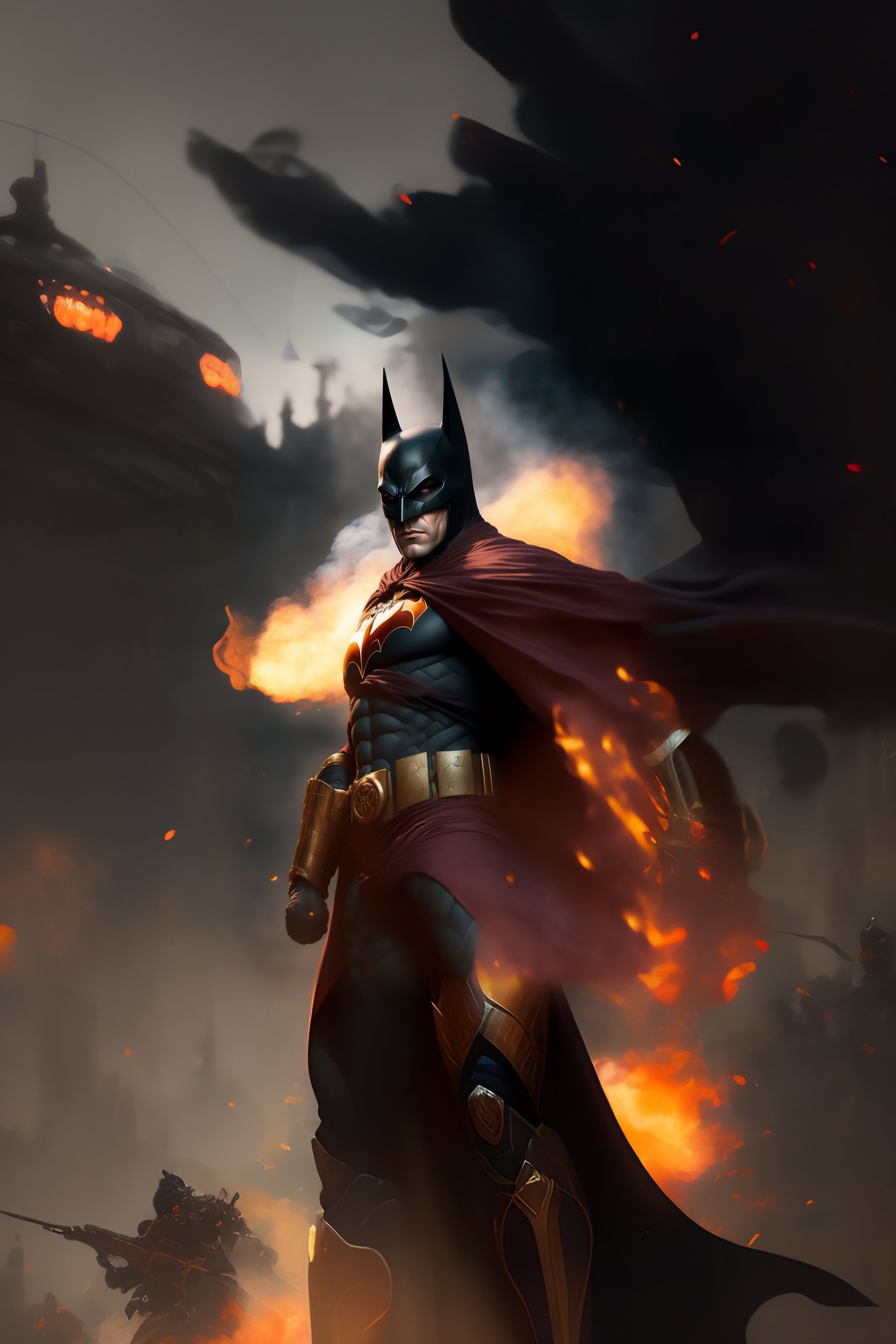 Lexica - Produce an image of Batman in a battle scene, with smoke and ...