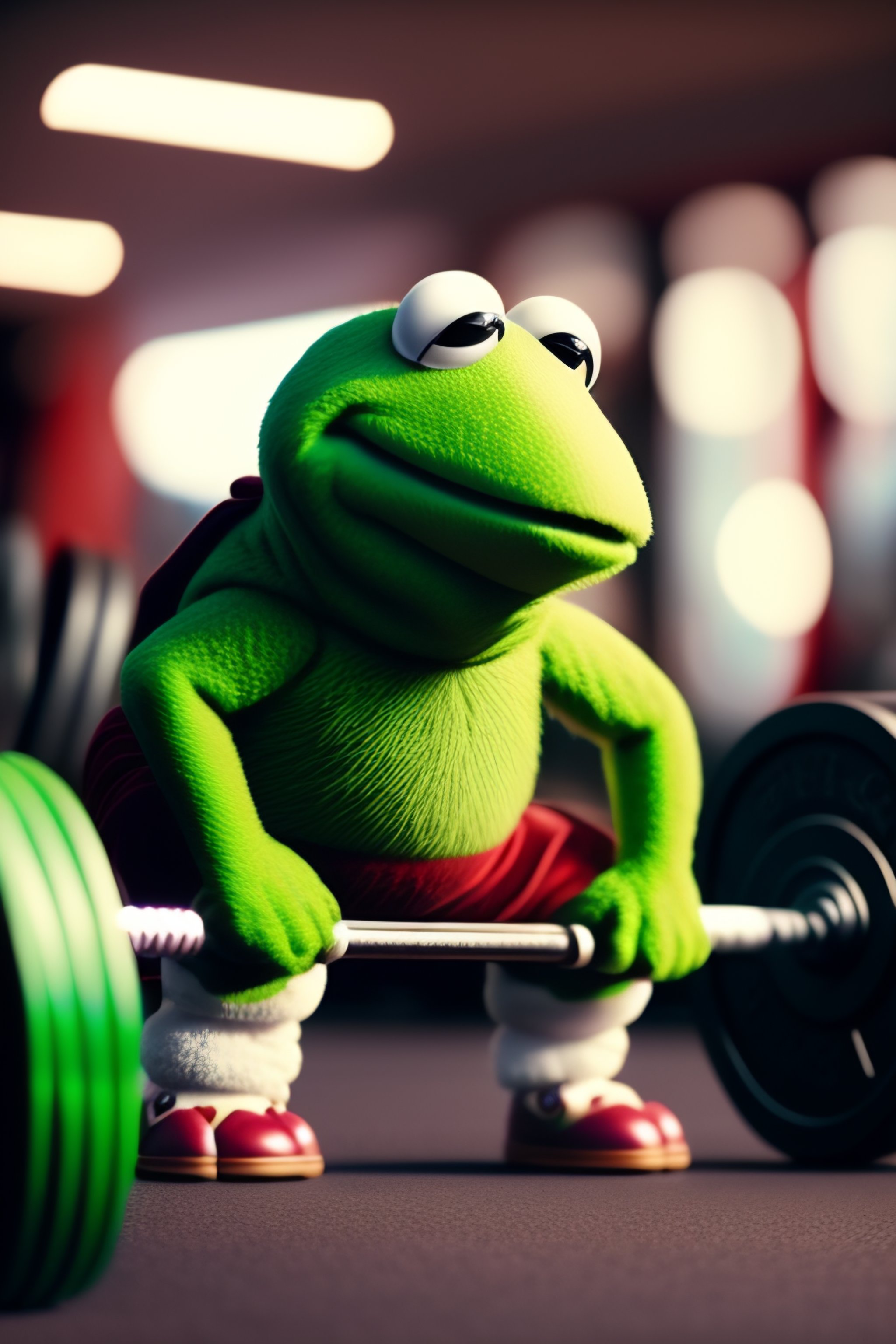 Lexica - Kermit the Frog doing deadlifts swole at a luxury gym, portra ...