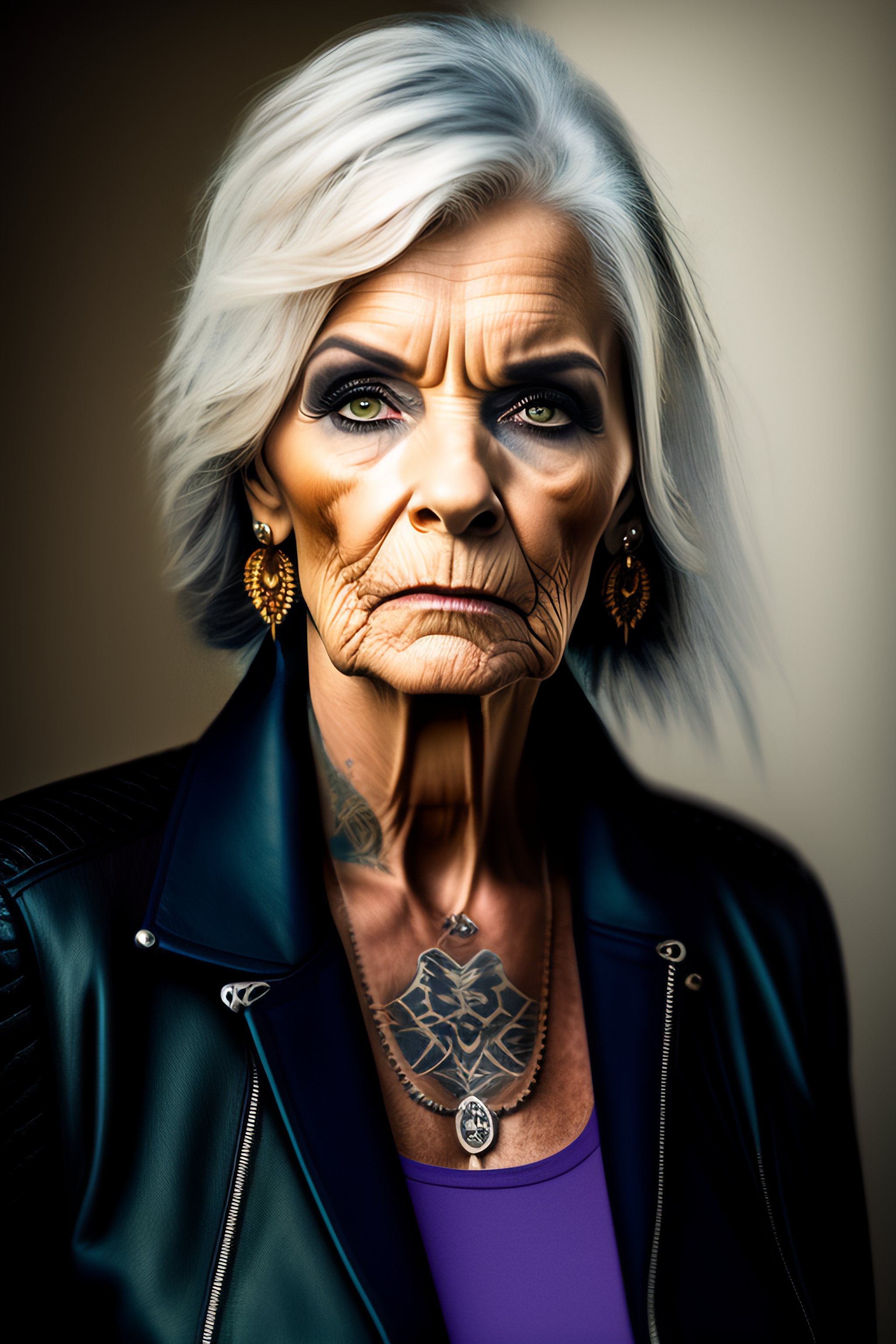 Lexica - Portrait of a grumpy mean scowl old woman biker tattoos very ...