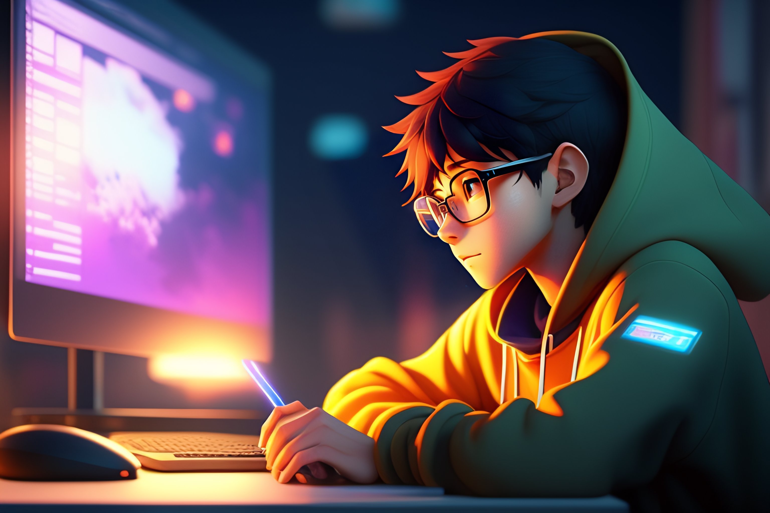 Lexica - A nerdy boy in a hoodie is programming at a computer in a room ...
