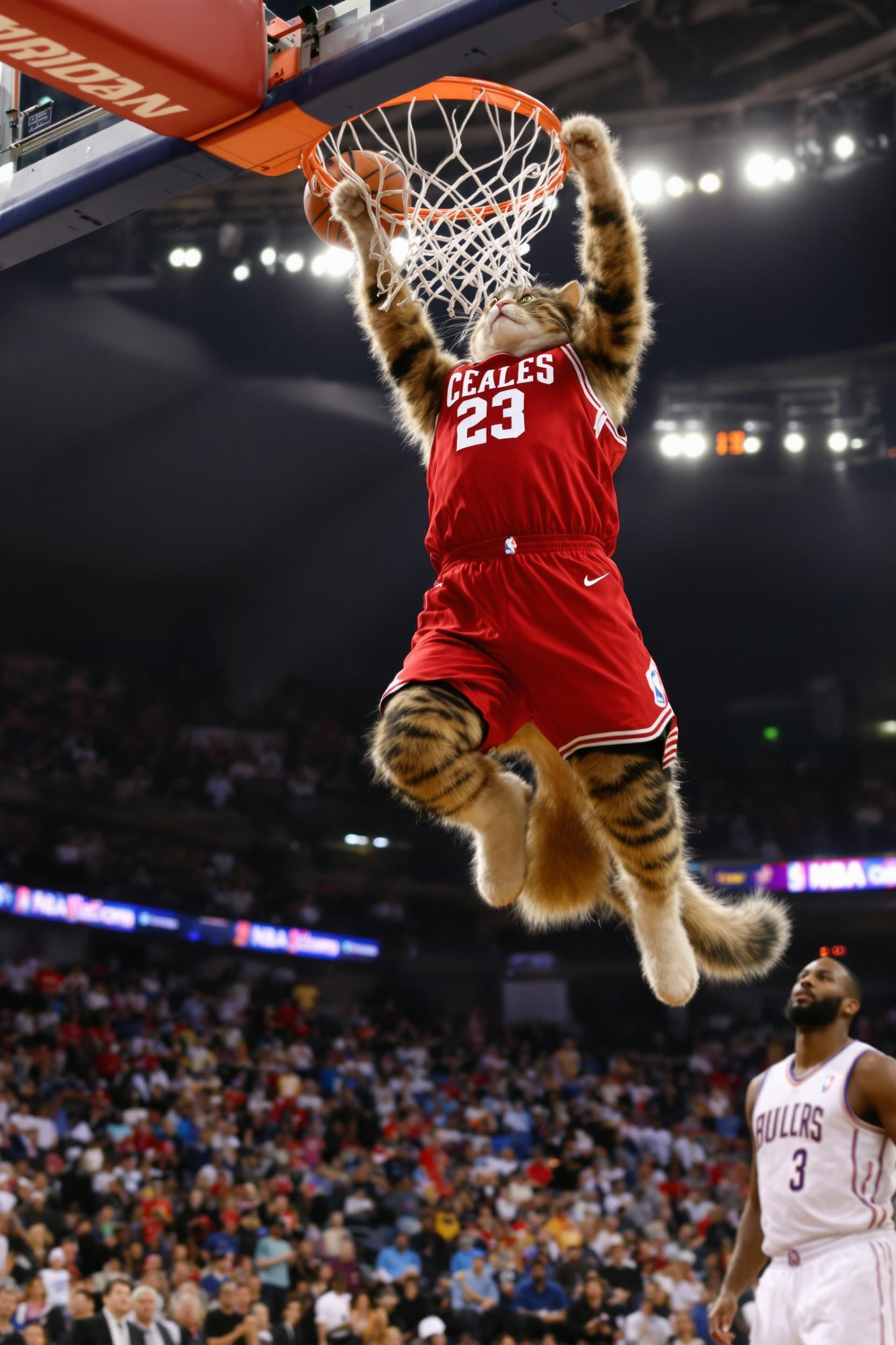 Lexica - A cat dunking a basketball in an NBA game with a jersey on