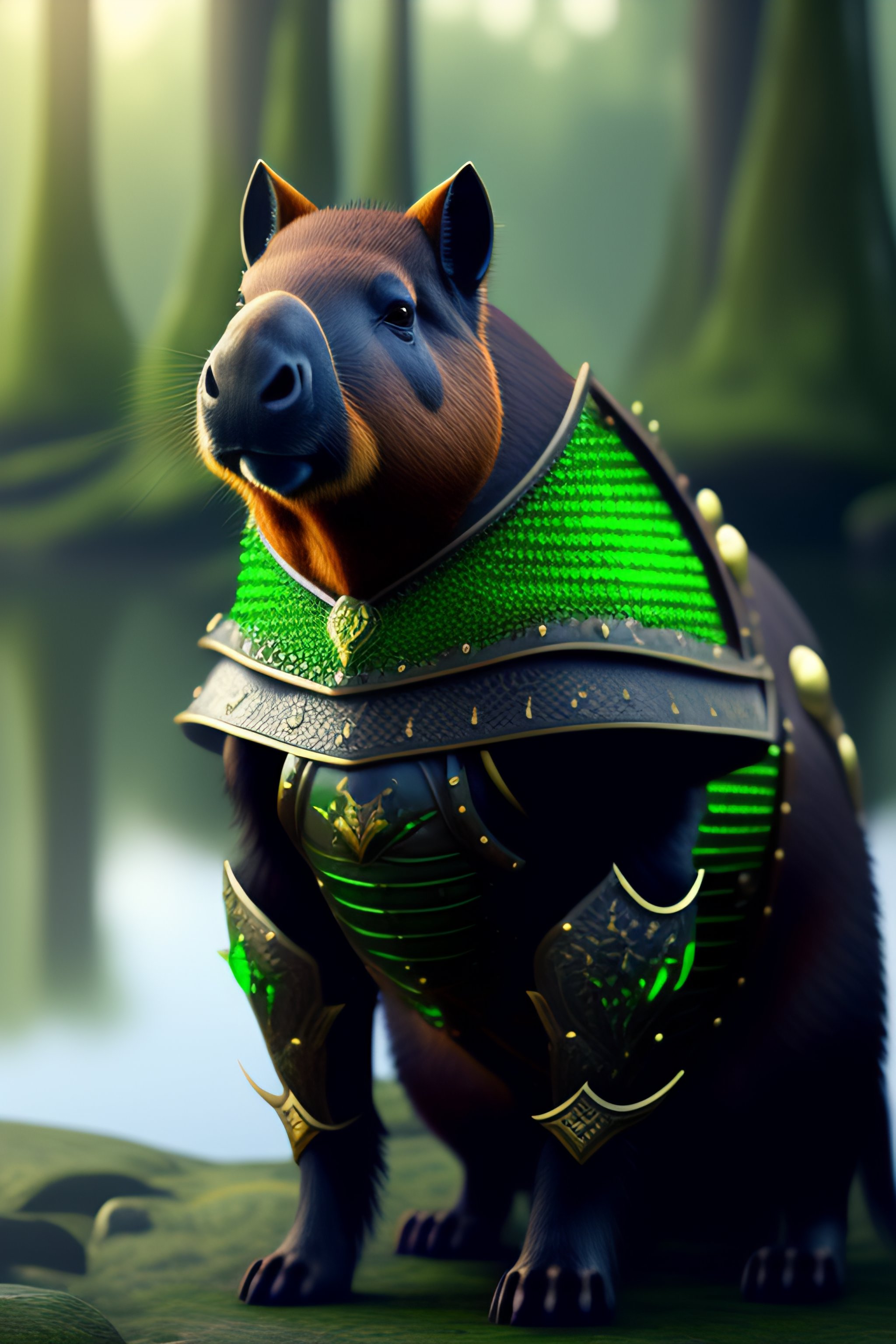 Lexica - A warrior capybara wearing armor in ultra detailed green and ...