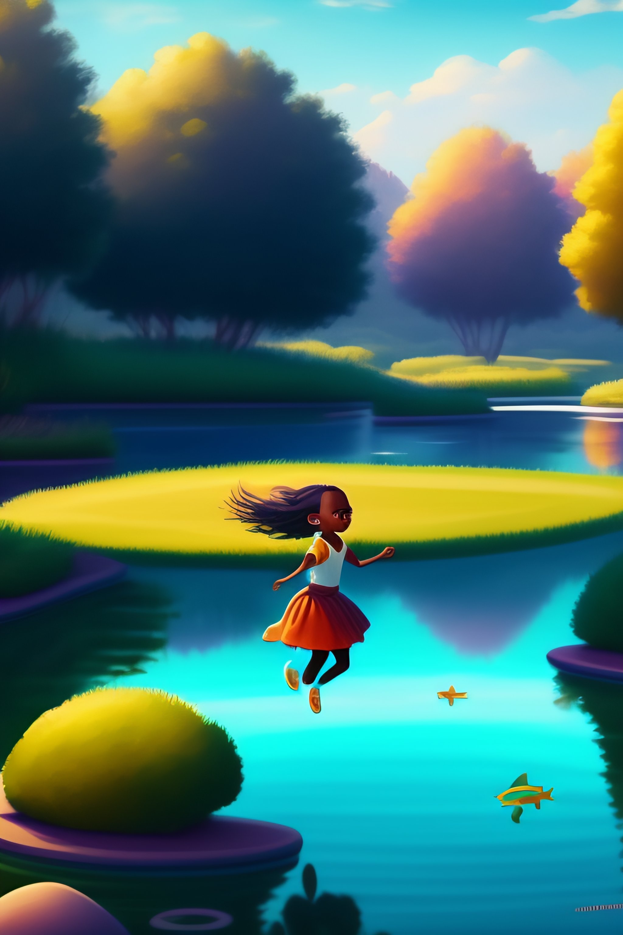 Lexica - View of gorgeous pond with same happy black girl no glasses ...