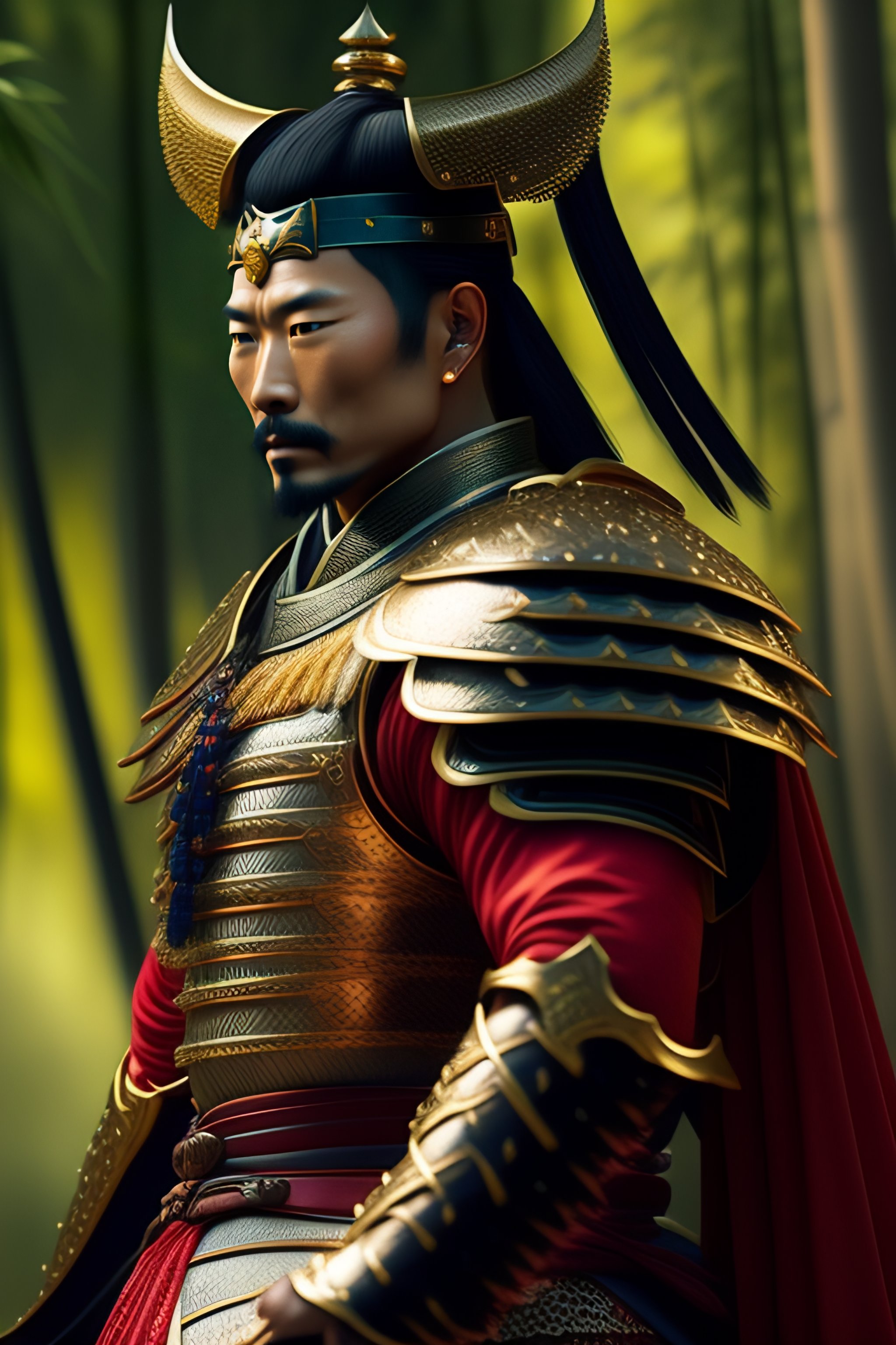Lexica - Close up of samurai general in full armor, in a bamboo forest ...