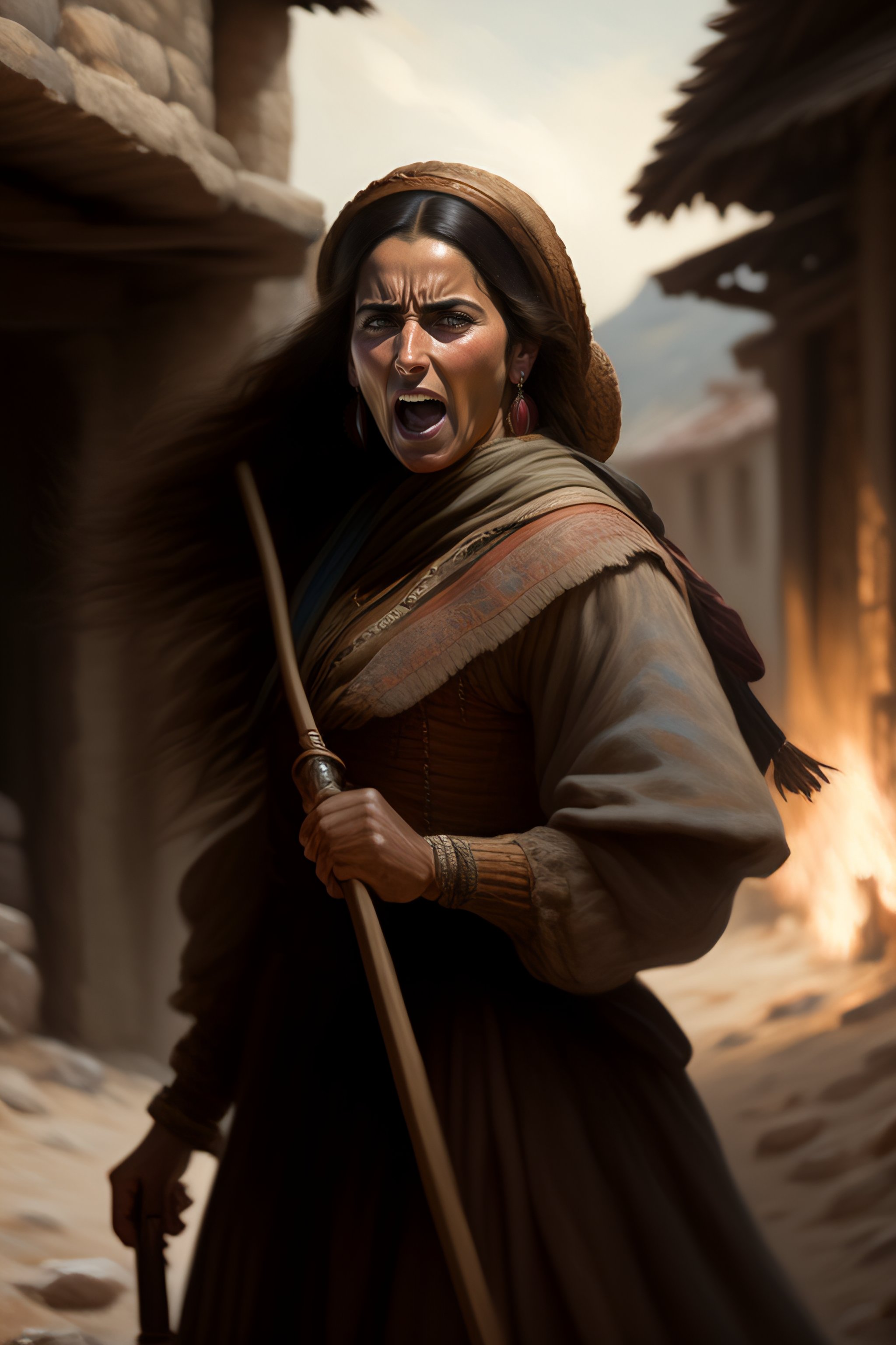 Lexica - Portrait of a spanish peasant woman shouting, with a bayoneted ...