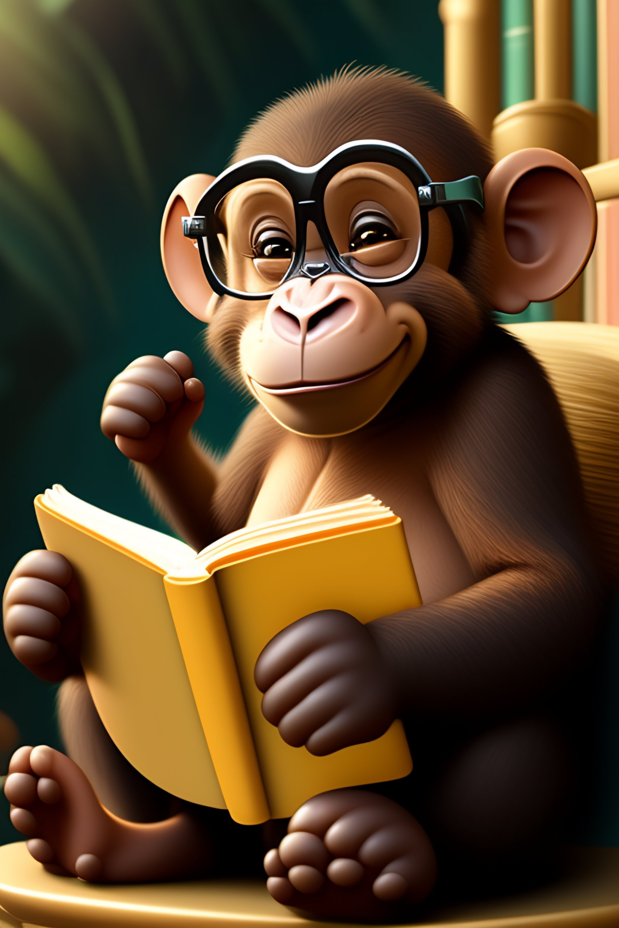 Lexica - Disney art of a funny smiling monkey reading a book with glasses