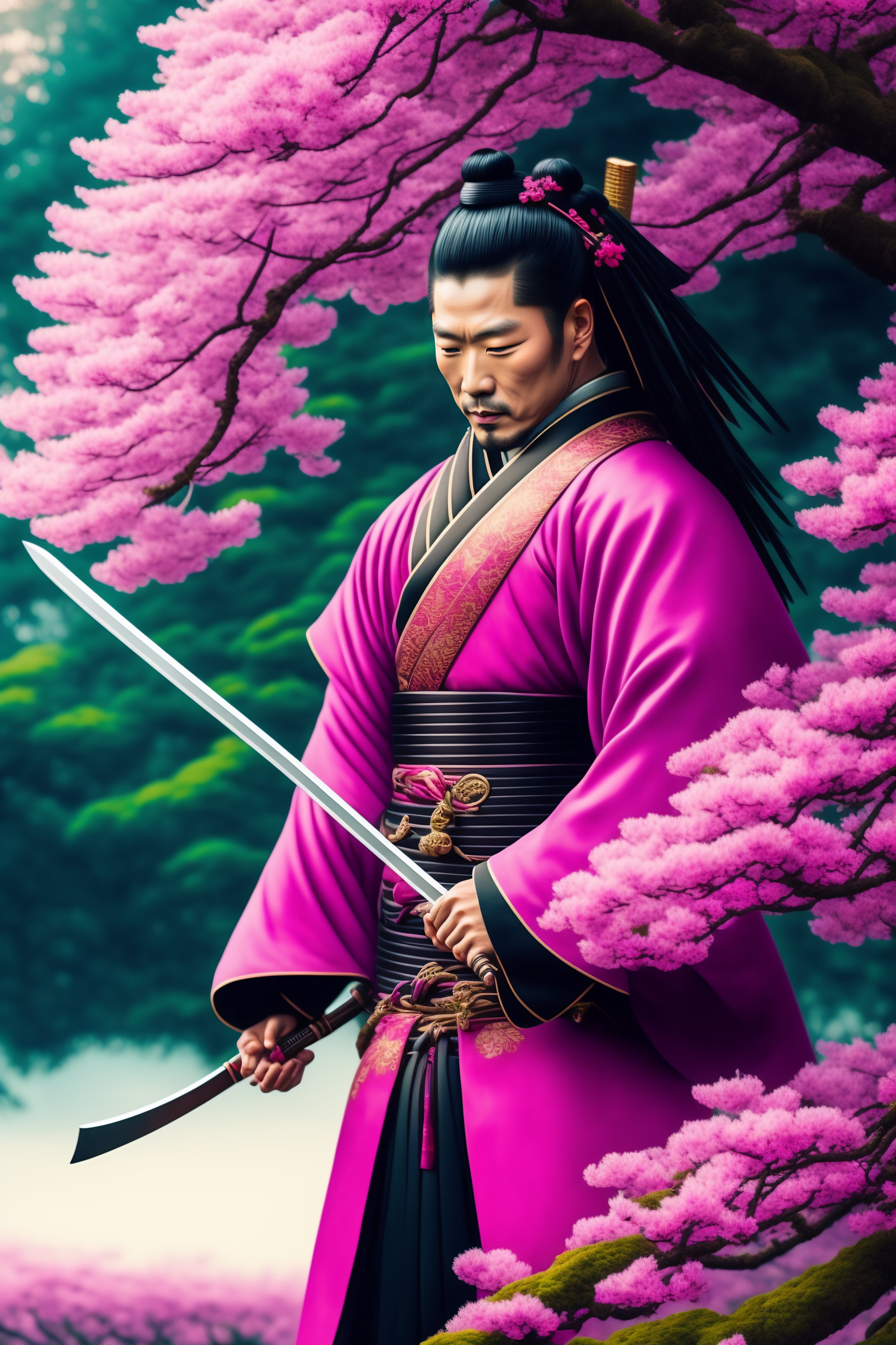Lexica - Samurai with magenta kimono draws his katana under a sakura ...