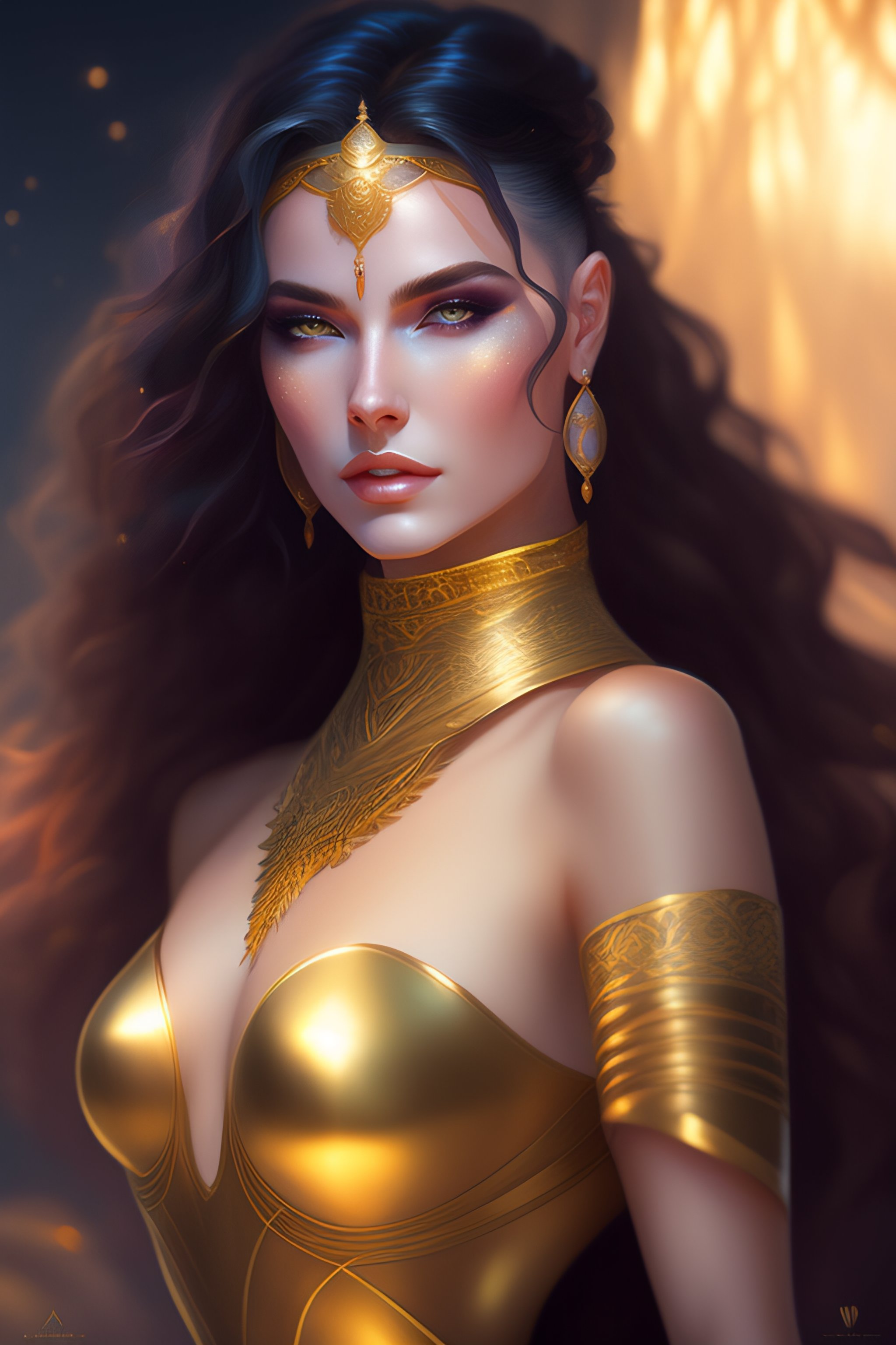 Lexica - A beautiful cinematic female sand goddess, golden dress, glow ...