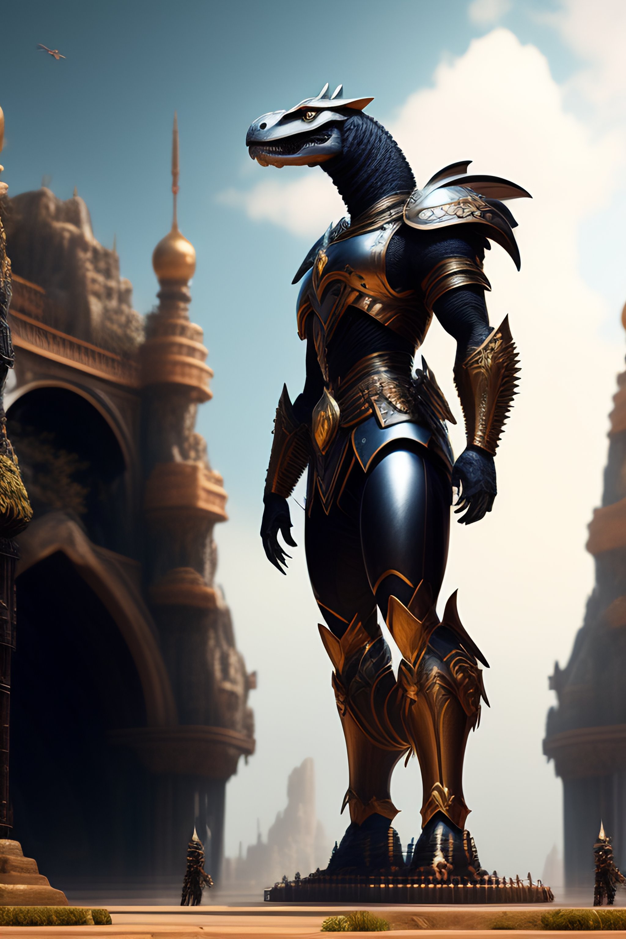 Lexica - An armoured humanoid tyrannosaurus rex standing looking over ...