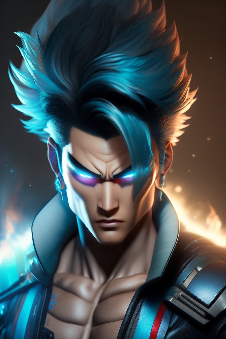 Lexica - BLEACH Saiyan Blue,By Toriyama Akira,film grain, dark lighting ...