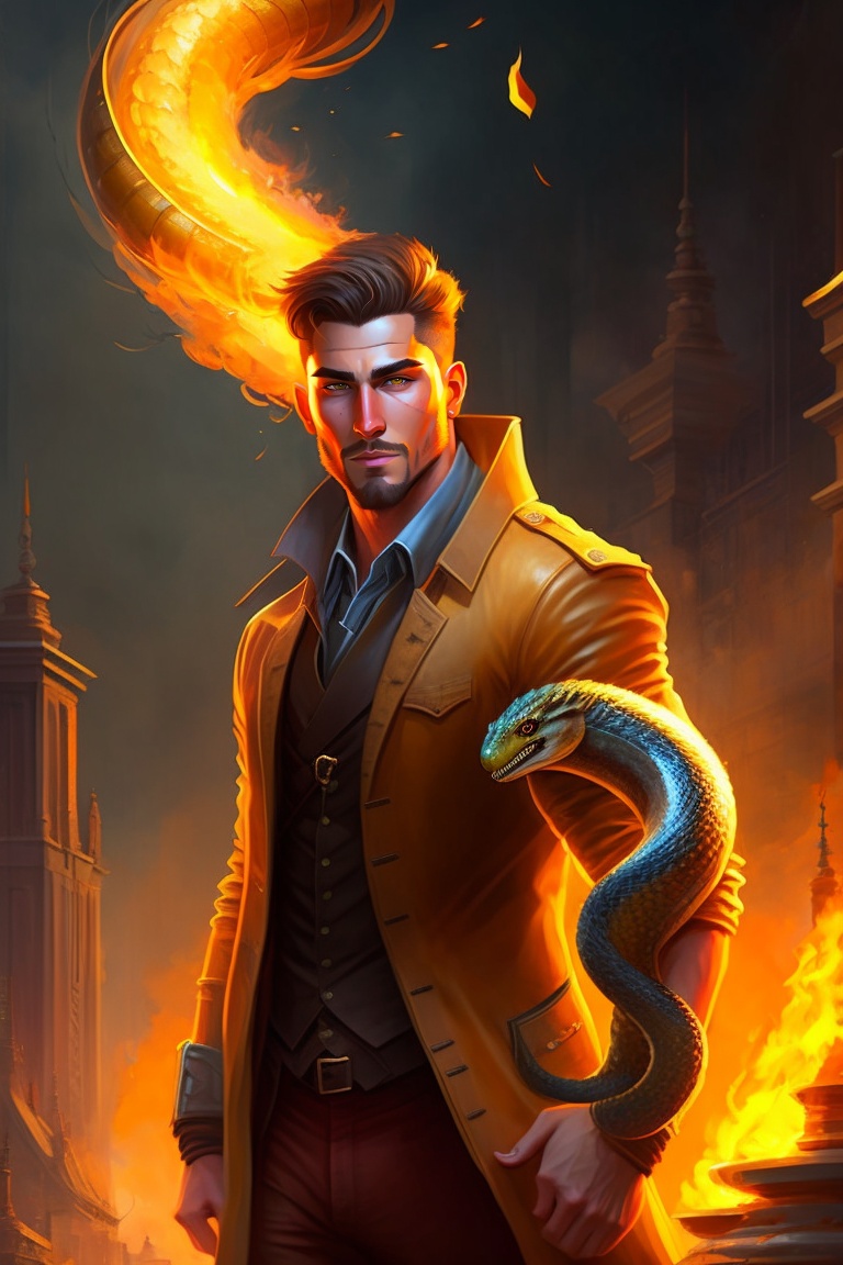 Lexica - An handsome man holding a snake, mustard color, fire ...