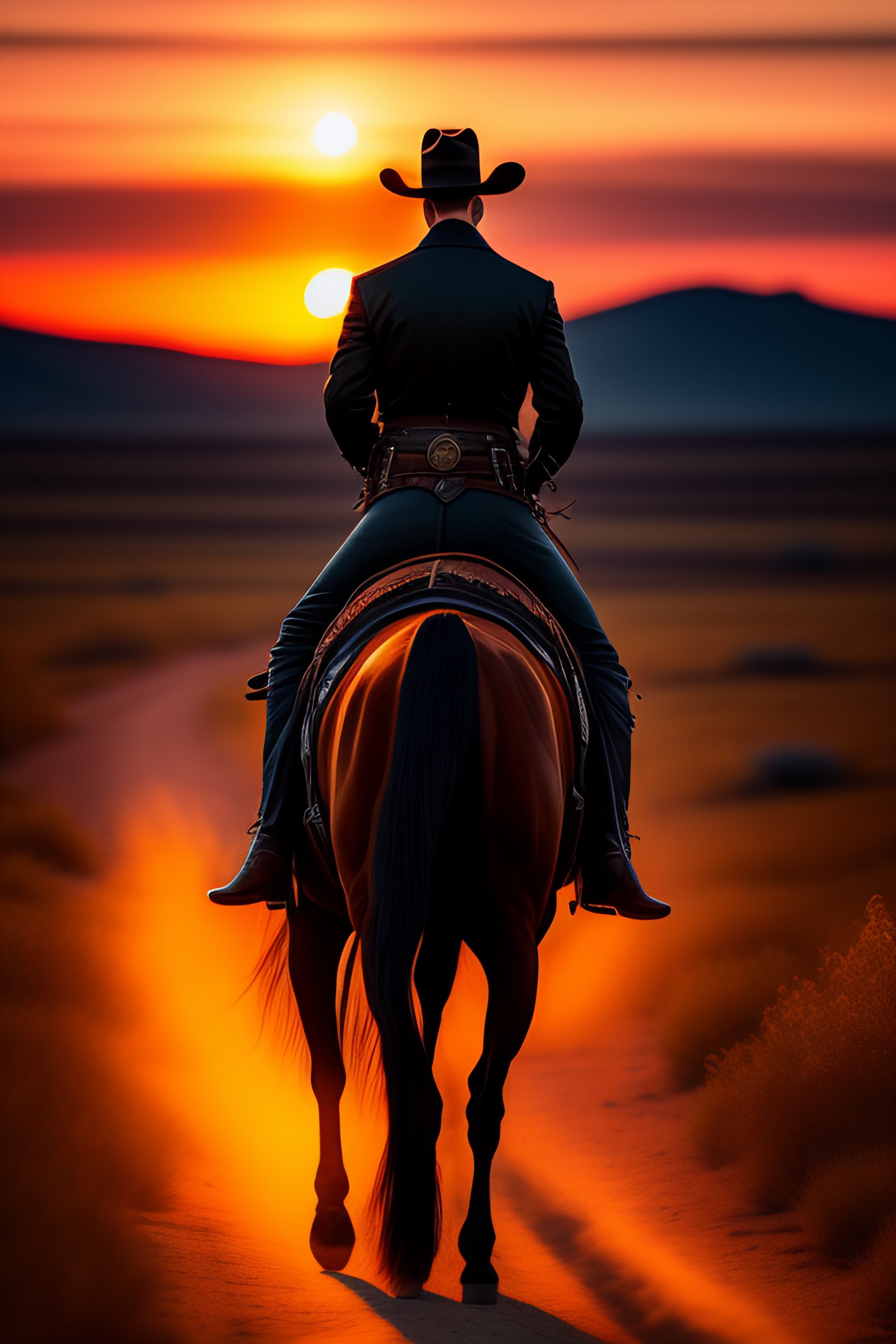 Lexica - 1800's cowboy leaving town, sunset in background, golden hour ...