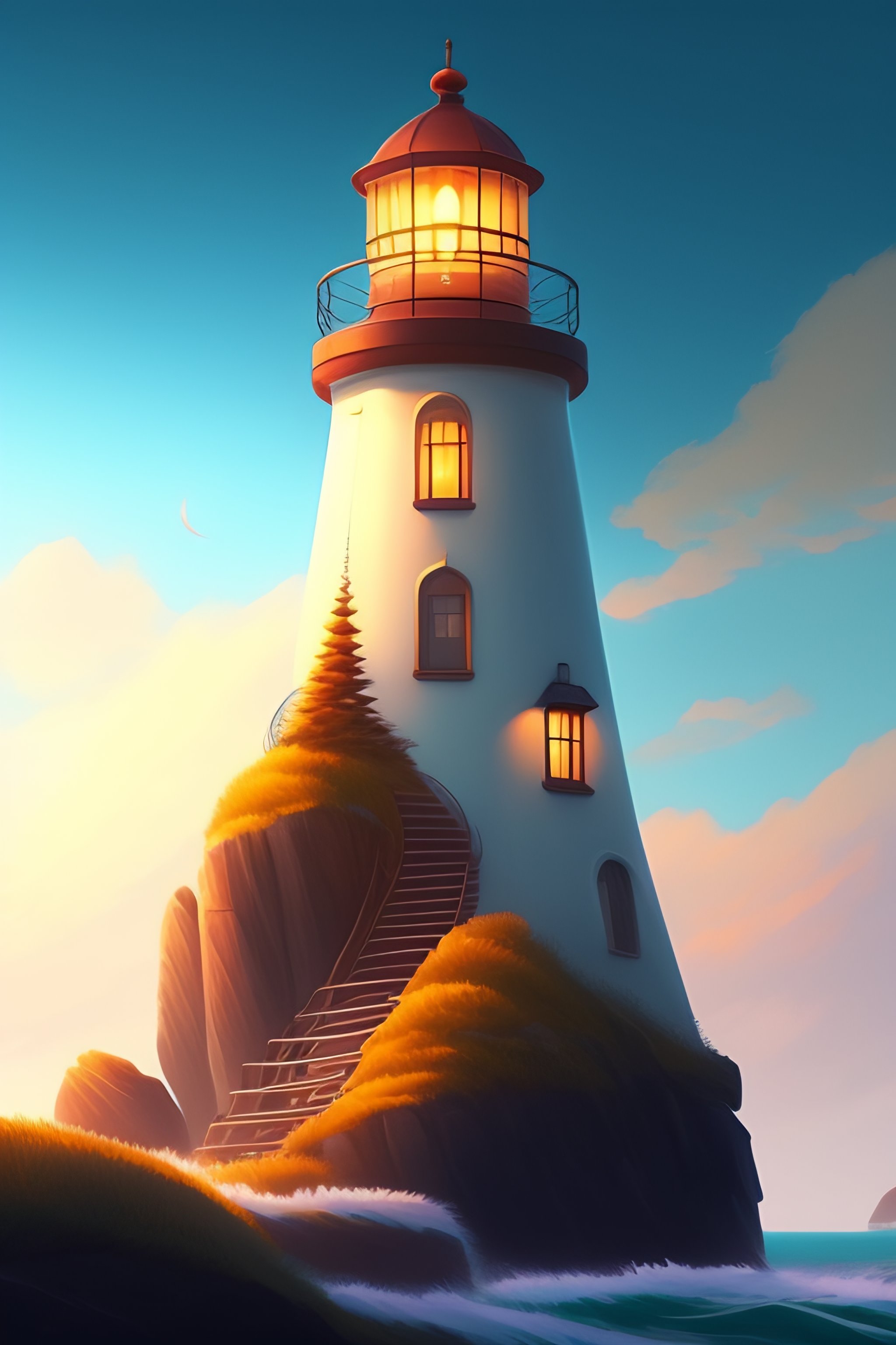 Lexica - Beautiful cute cozy lighthouse by the sea, golden warm light ...
