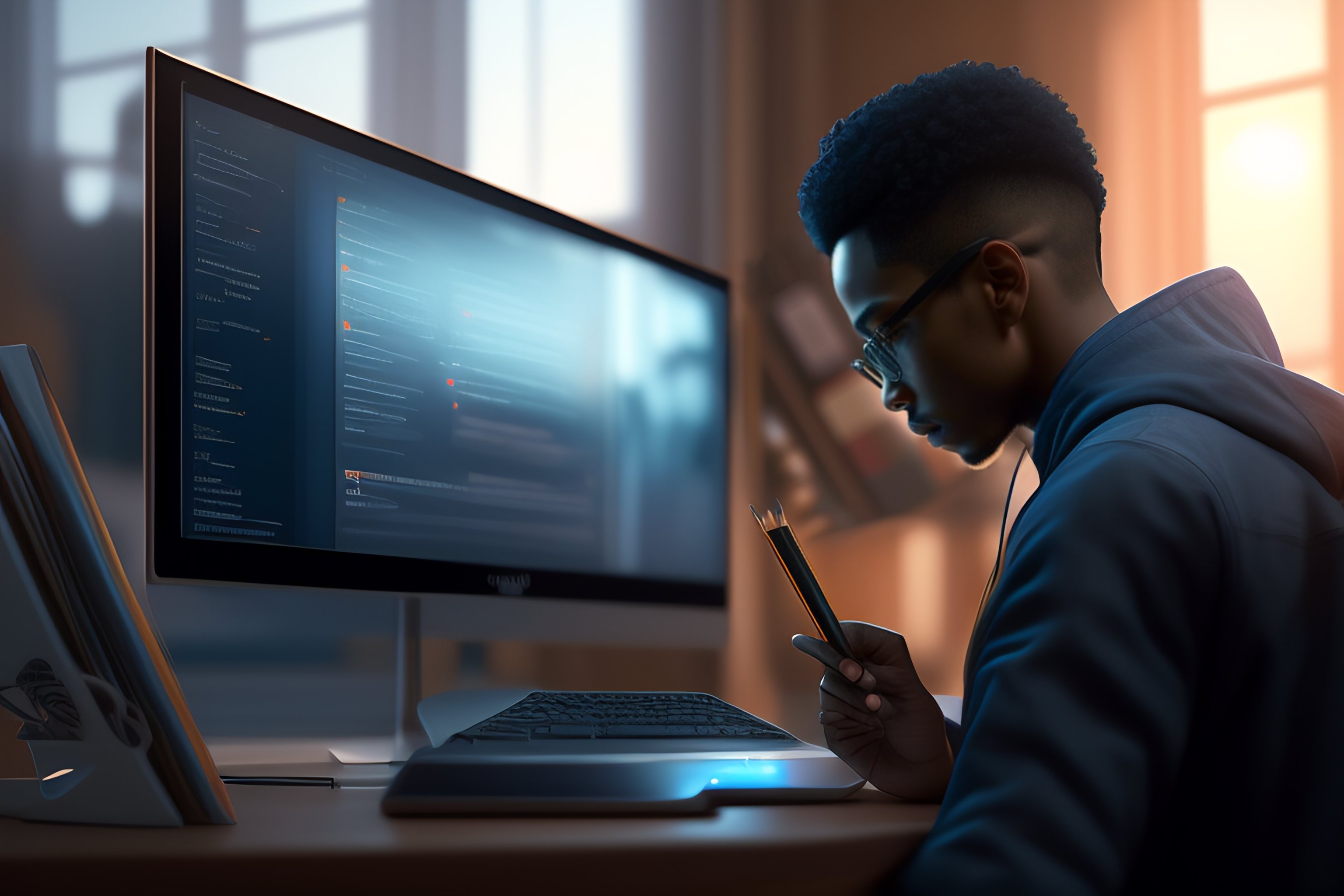 Lexica - A college aged hacker studiously working on his computer ...