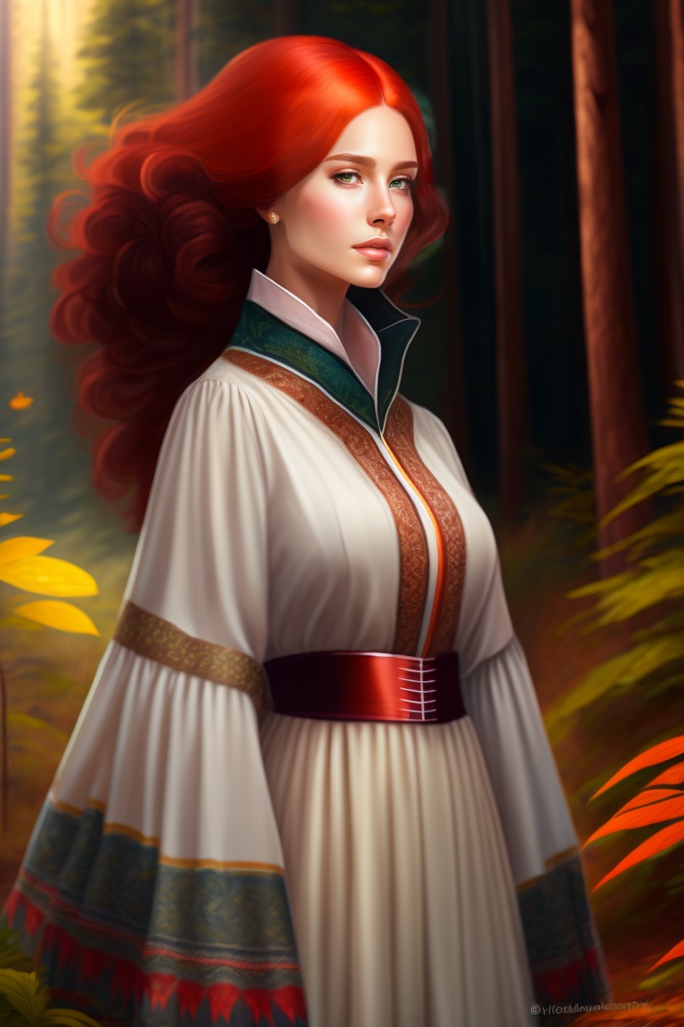 Lexica - Red hair big brown eyes, tall, shamanic, woman, healer, dress ...