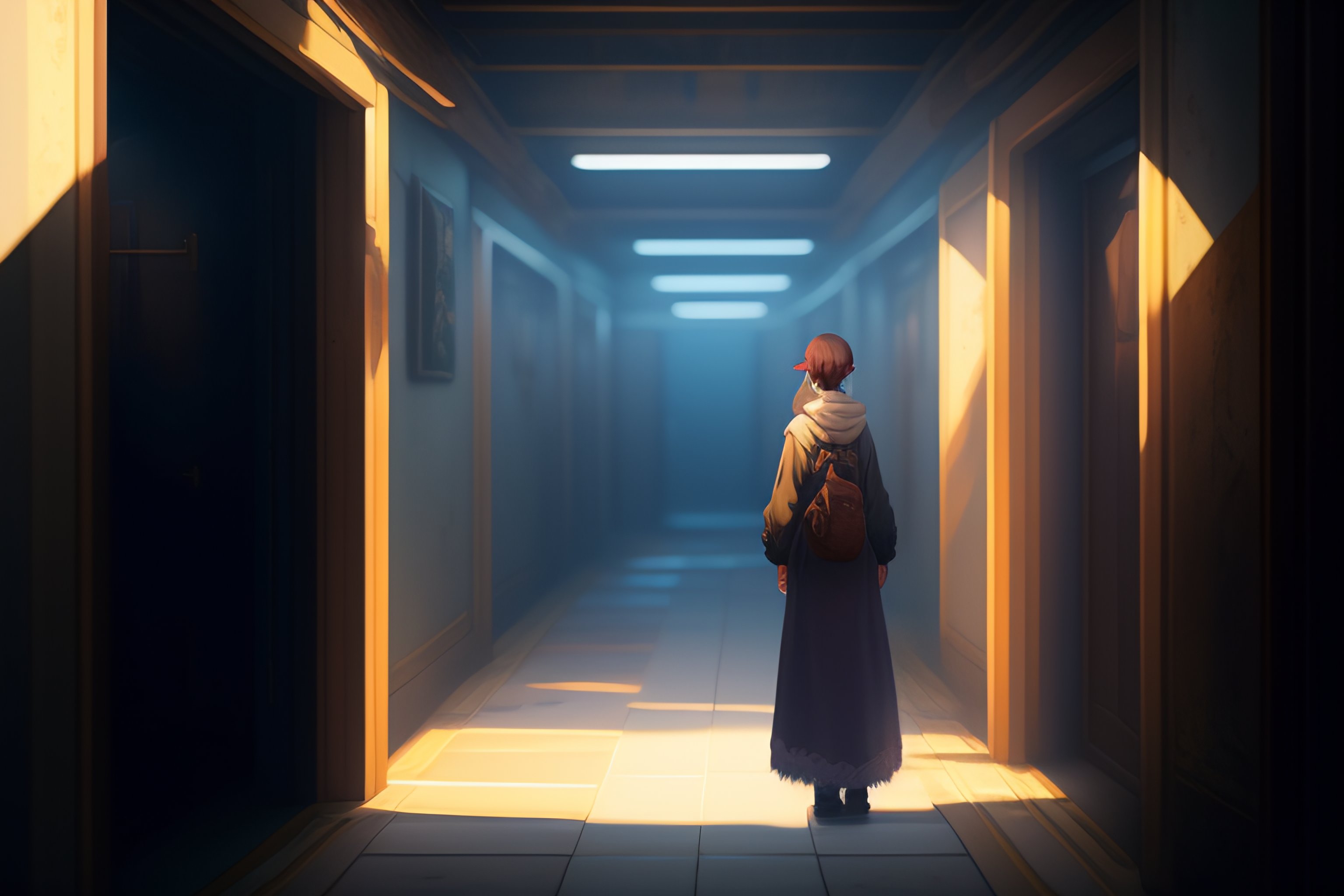 Lexica - Woman standing in a cellar corridor with doors on the left and ...