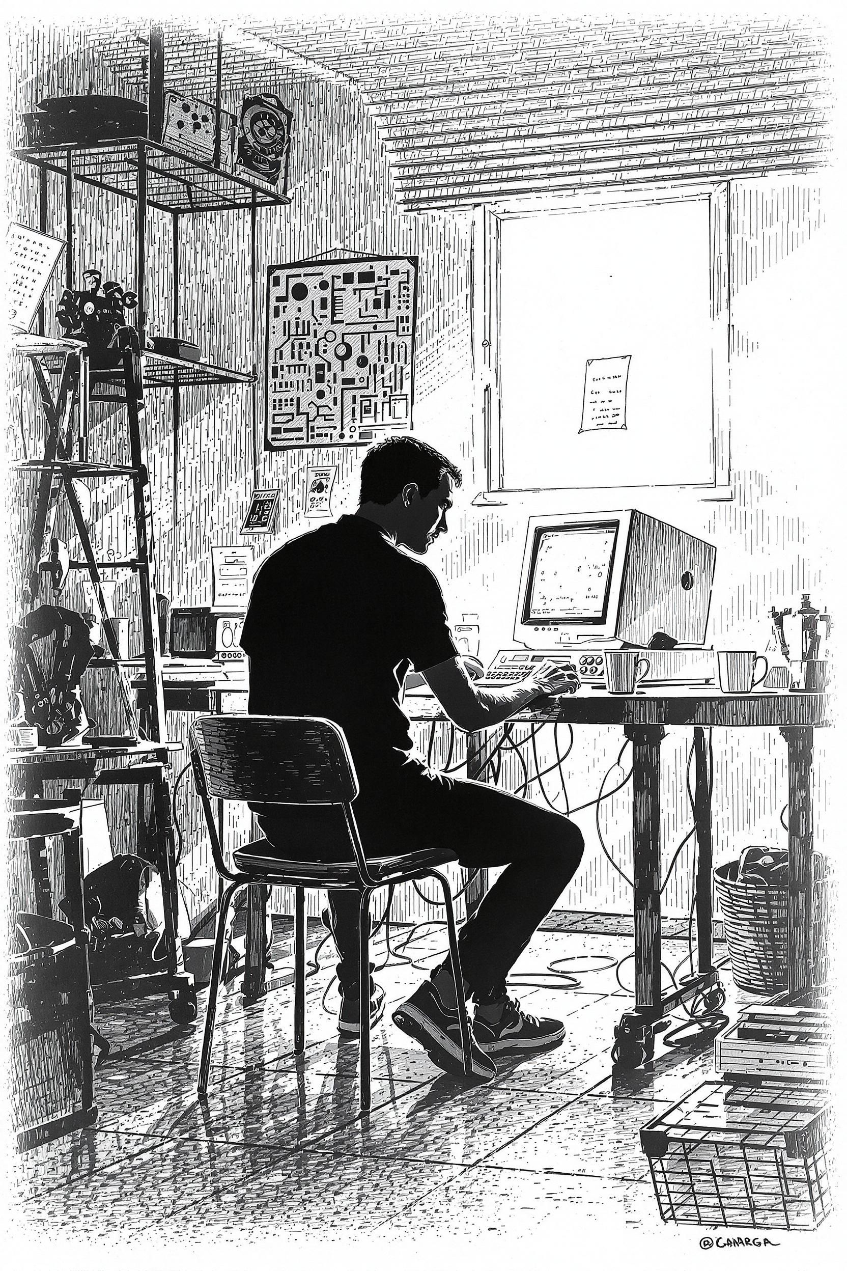 Lexica - Minimalist bliss, hacker working on project in a small garage ...