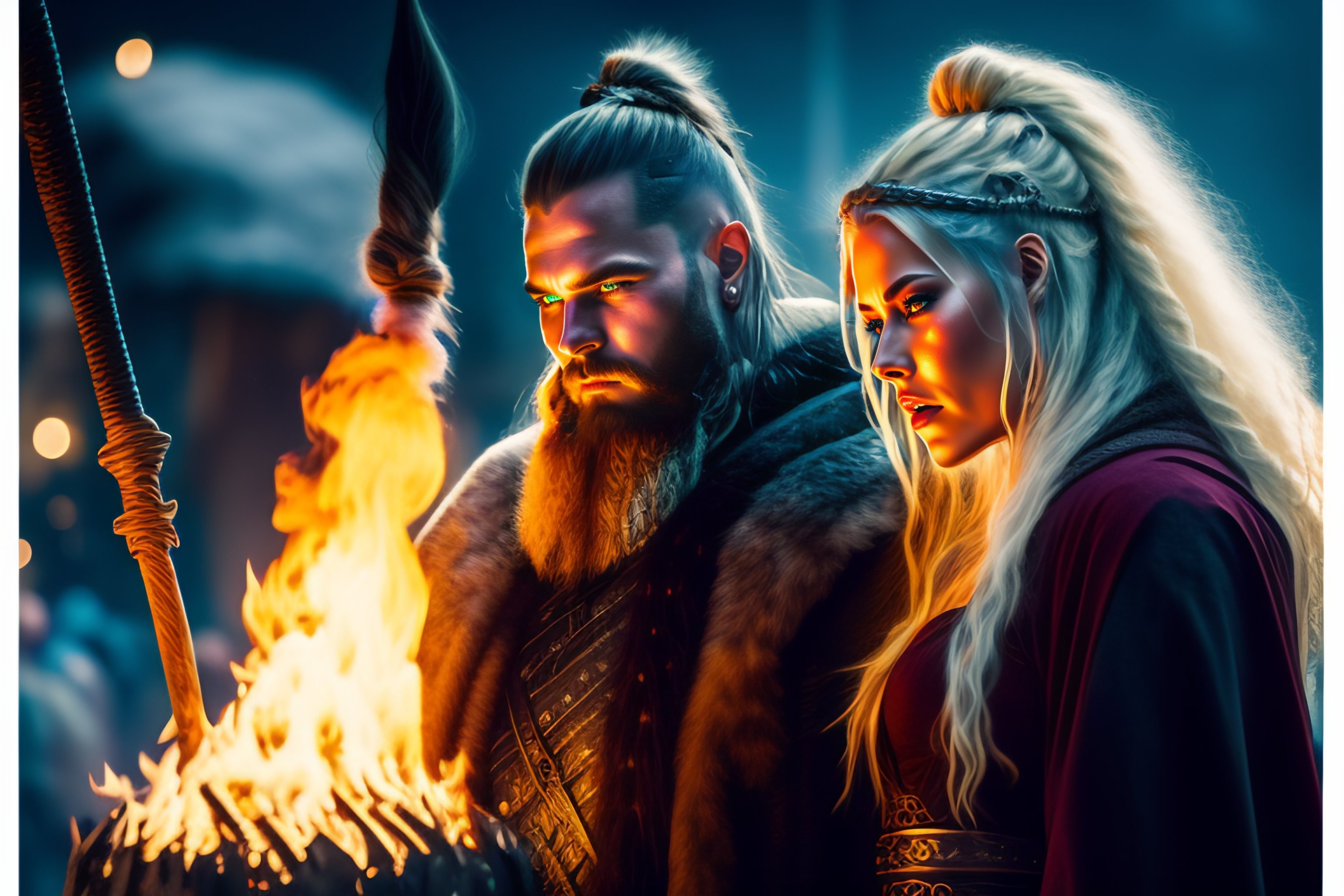 Lexica - A Cyberpunk viking man and a cyberpunk viking woman chanting ...