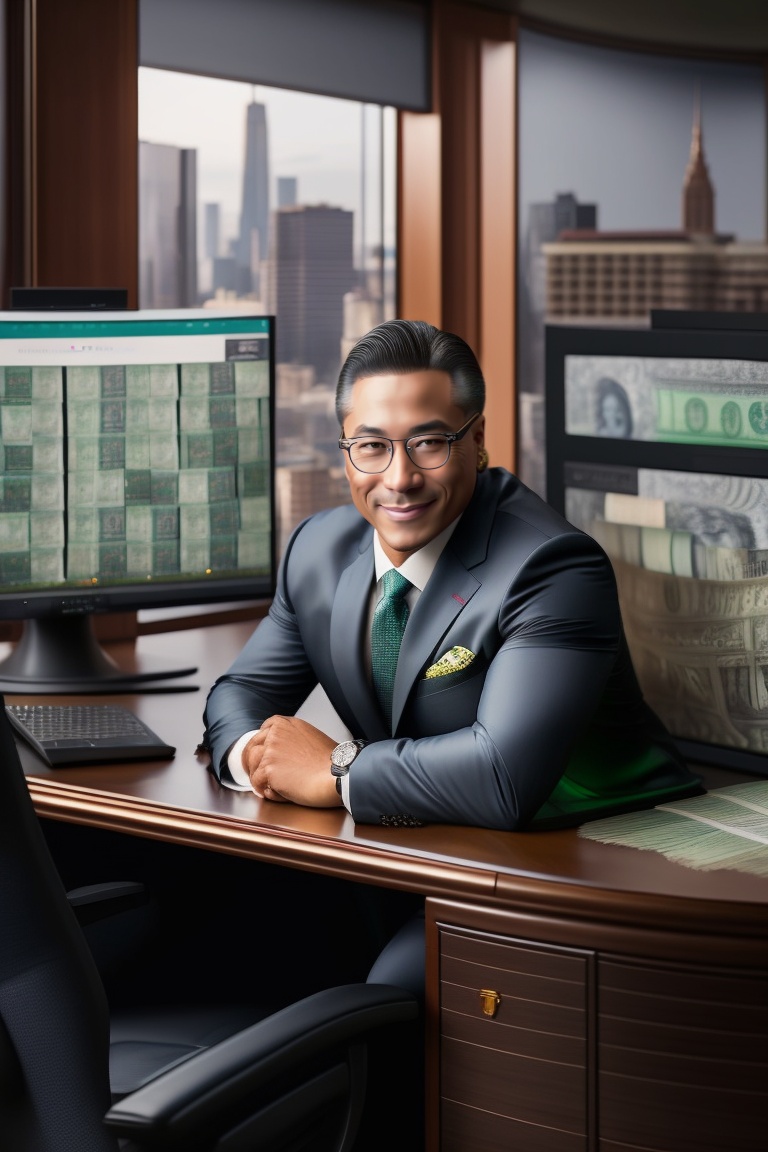 Lexica - A wealthy man is sitting in his trading room, surrounded by ...