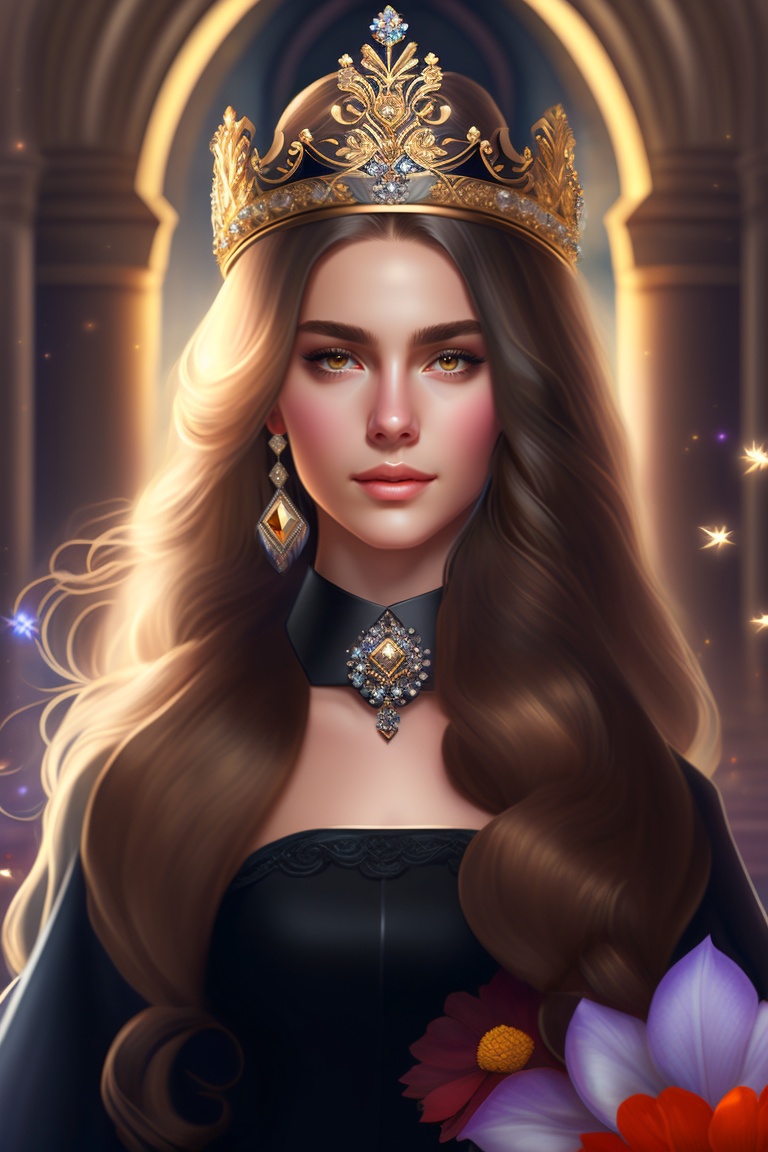 Lexica - A queen girl with brown flowing hair and bright hazel eyes ...