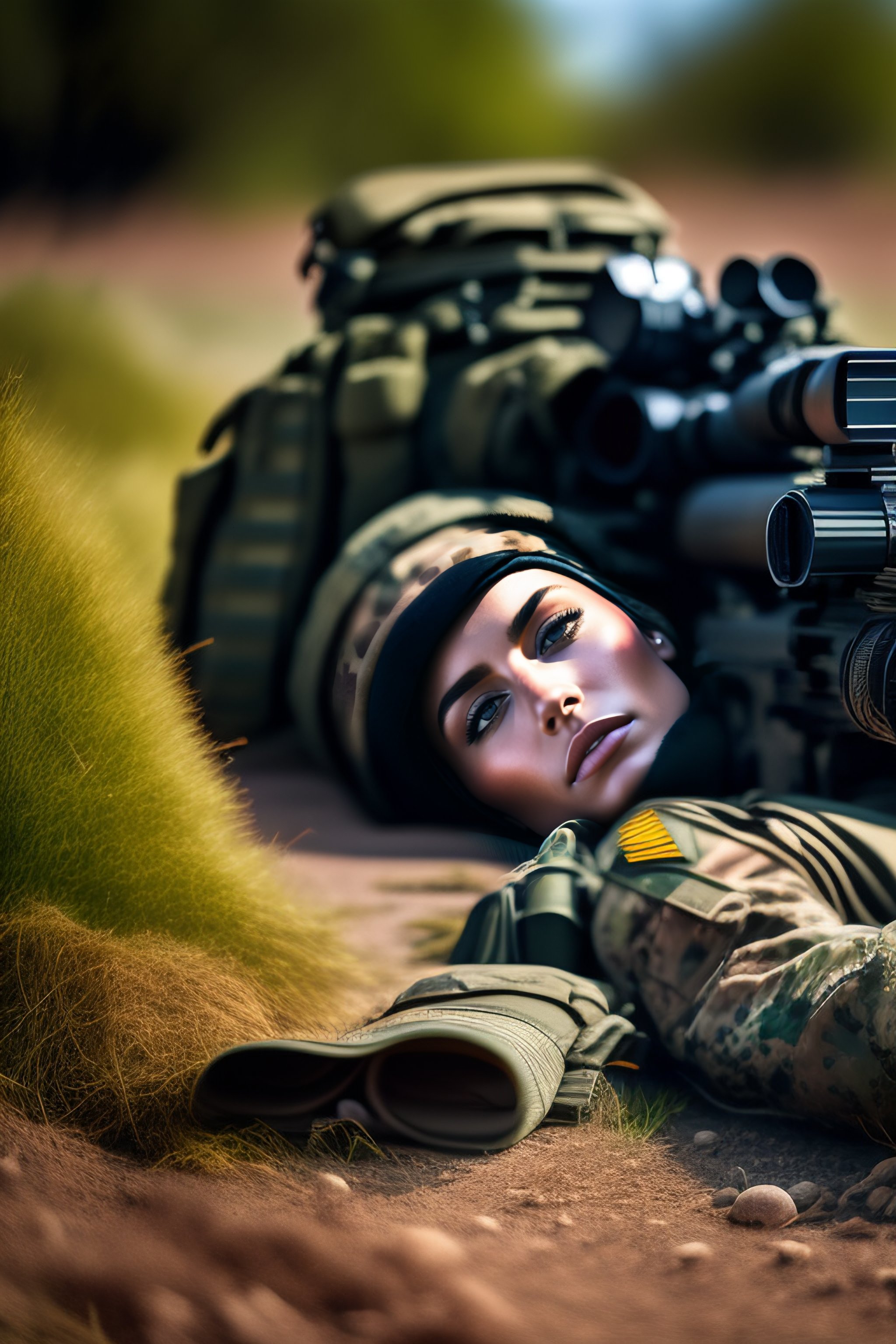 Lexica - Full frame, fit female sniper lying flat on the ground with ...