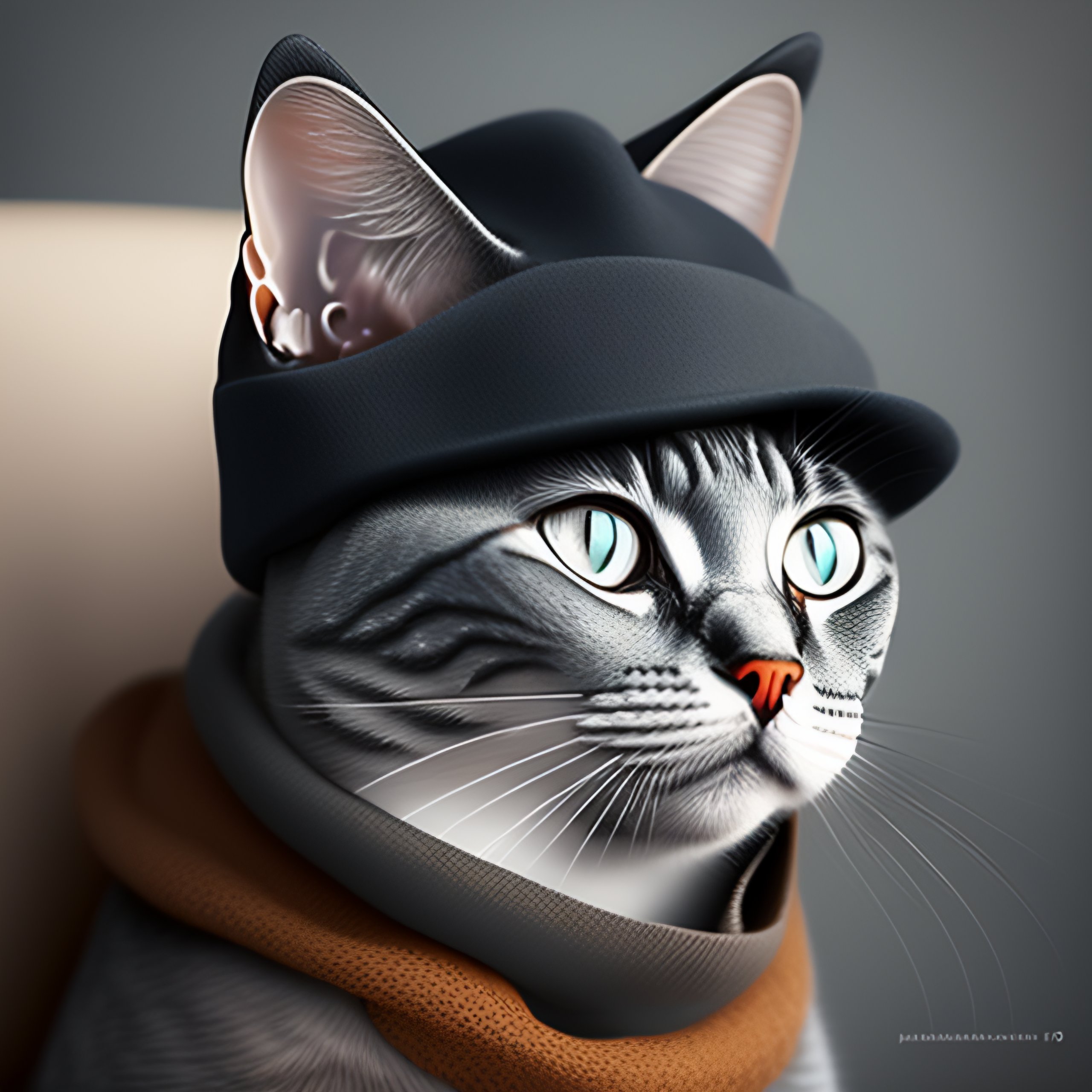 Lexica - A little gray cat with hat and icecream realistic, front