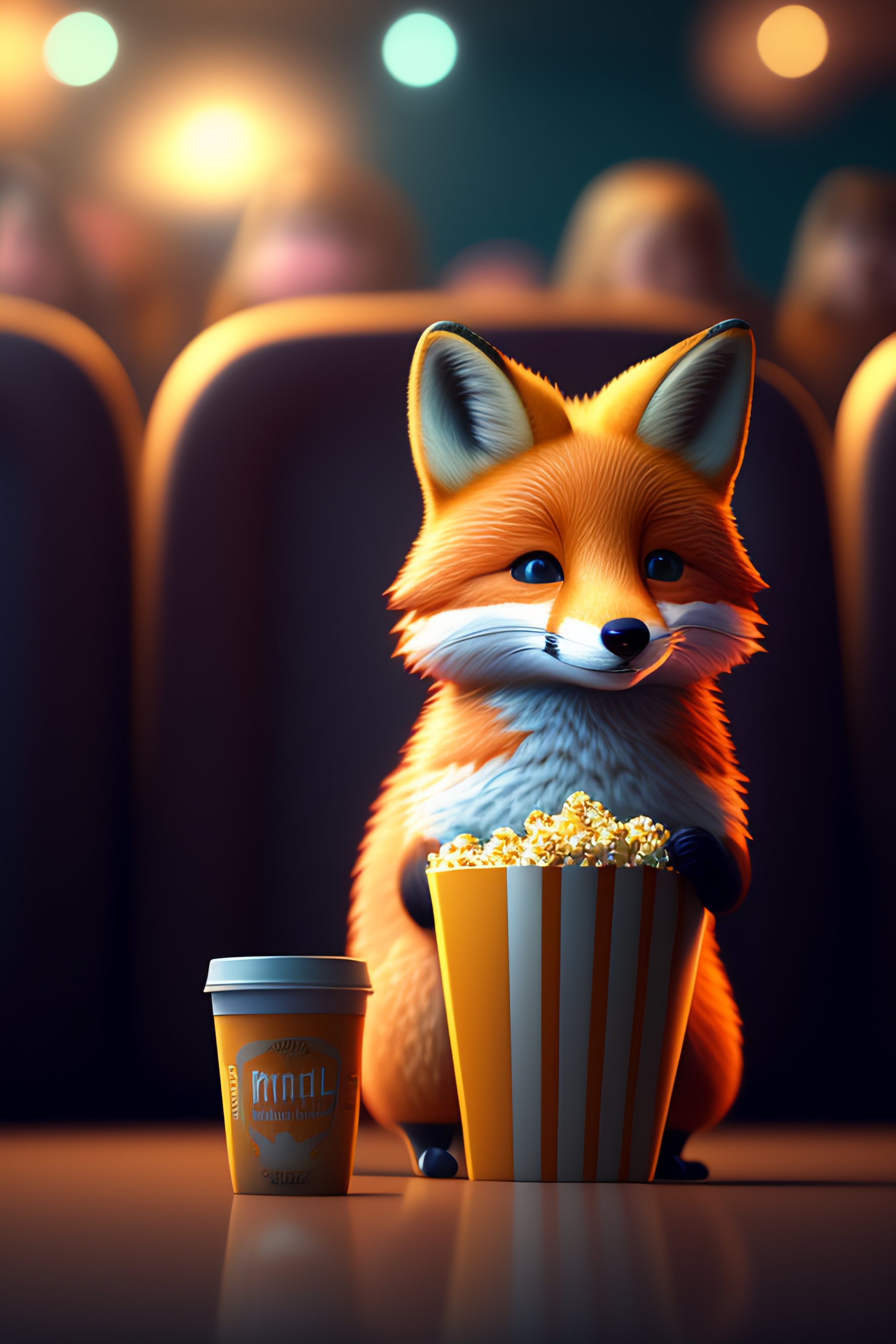 Lexica - Cute small Fox sitting in a movie theater eating popcorn ...