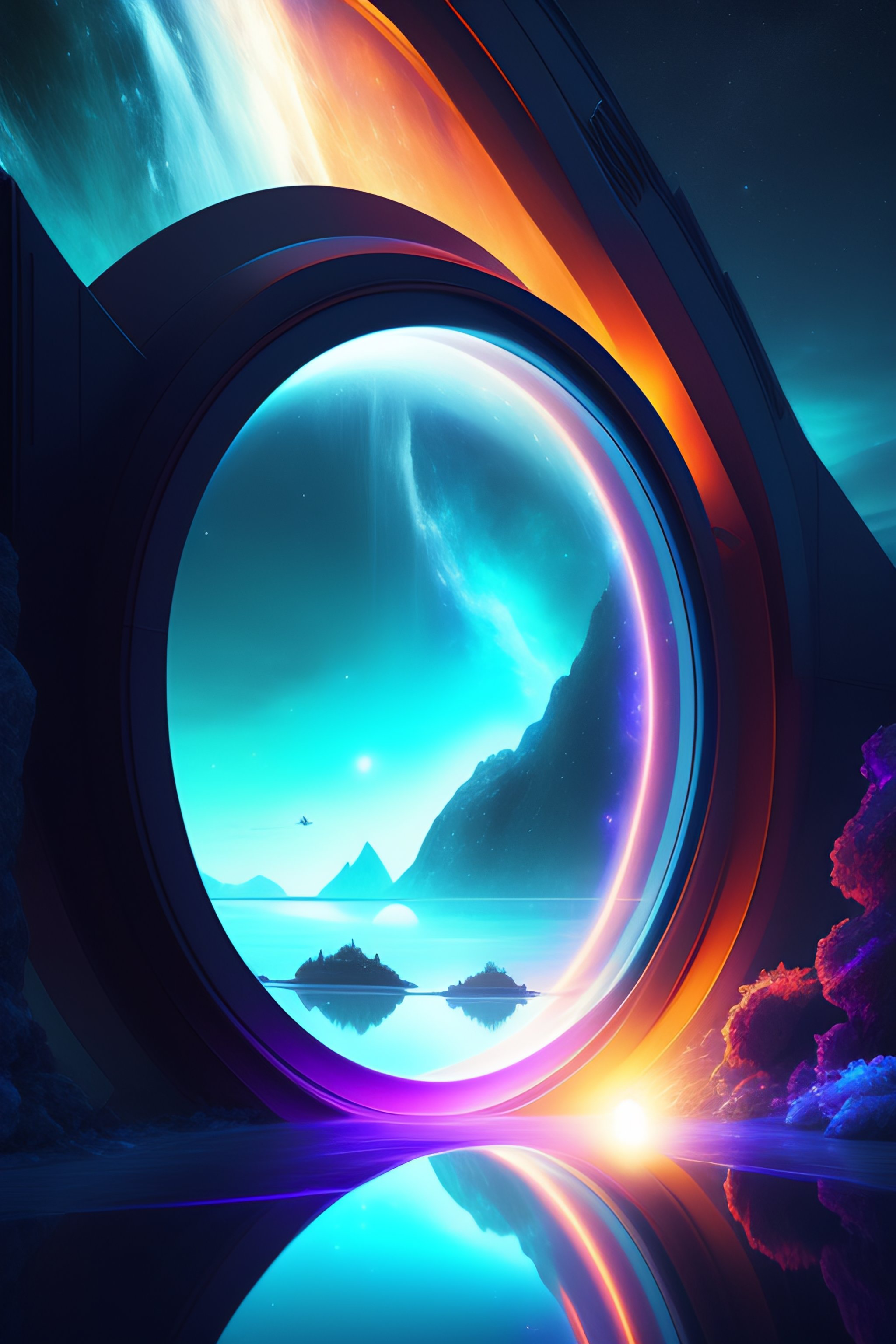 Lexica - Oxigeno, space scene fantasy portal round gate, star sky neon ...
