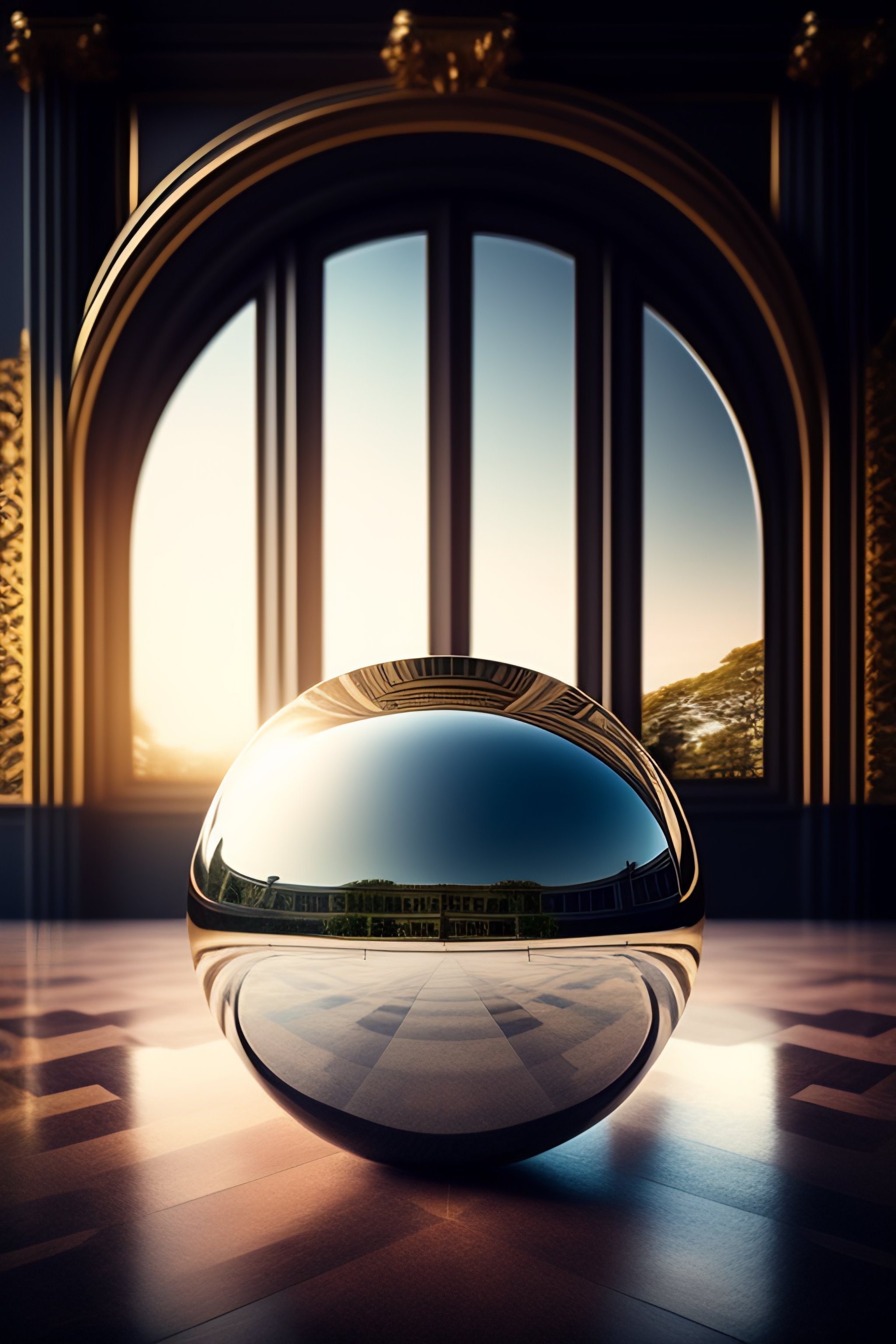 Lexica - A mirror floor, the floor is a mirror. A sphere reflects on ...