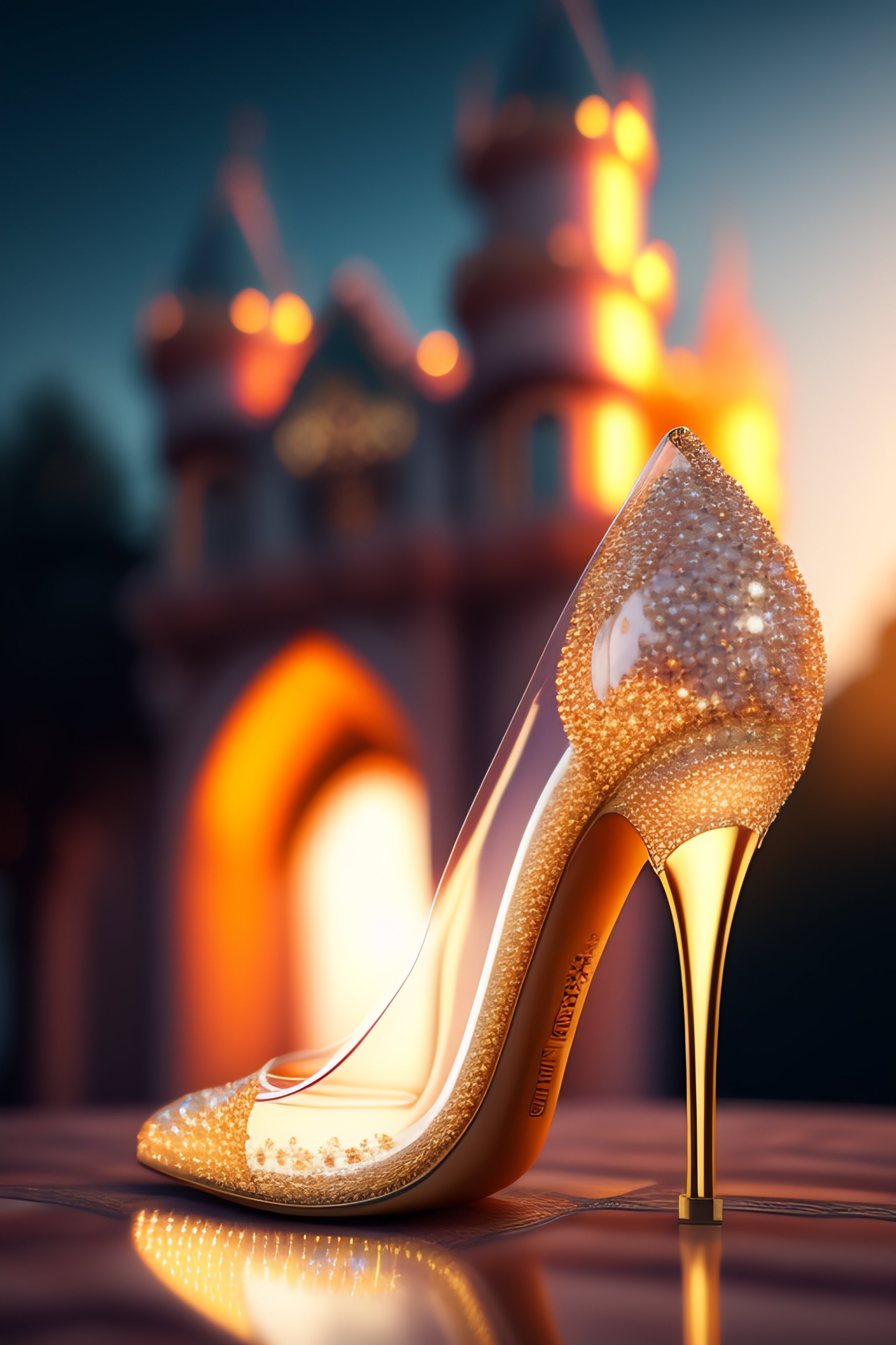 Lexica - Shiny clear intricate high heel shoe in front of a castle, 8k ...