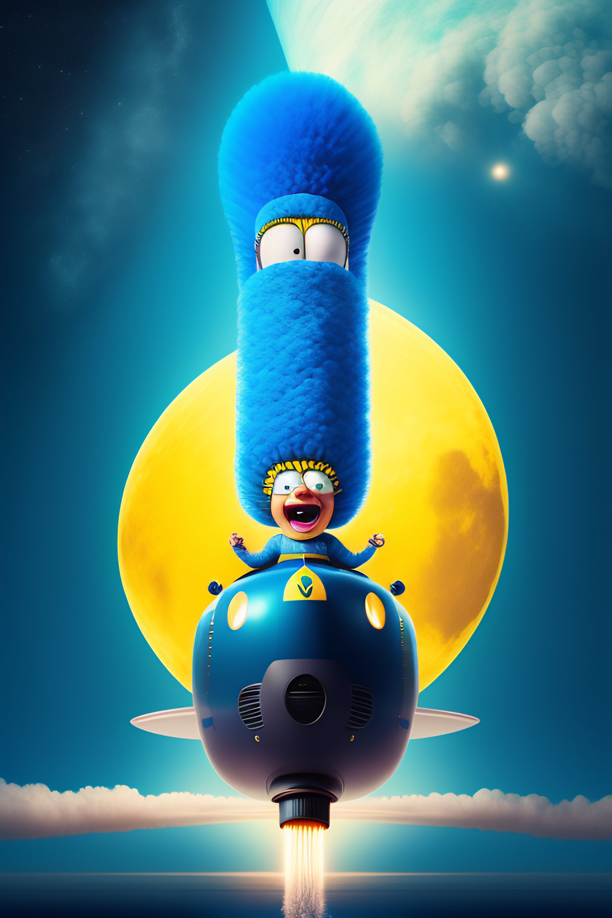 Lexica - Marge Simpson sitting on a rocket flying to the moon