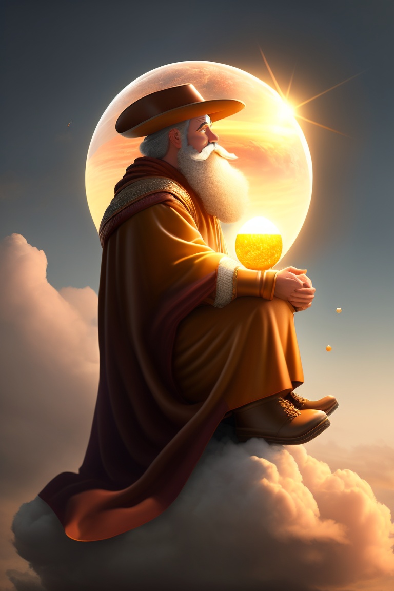 Lexica - A brown skind wizard, sitting on a cloud, holding the earth in ...