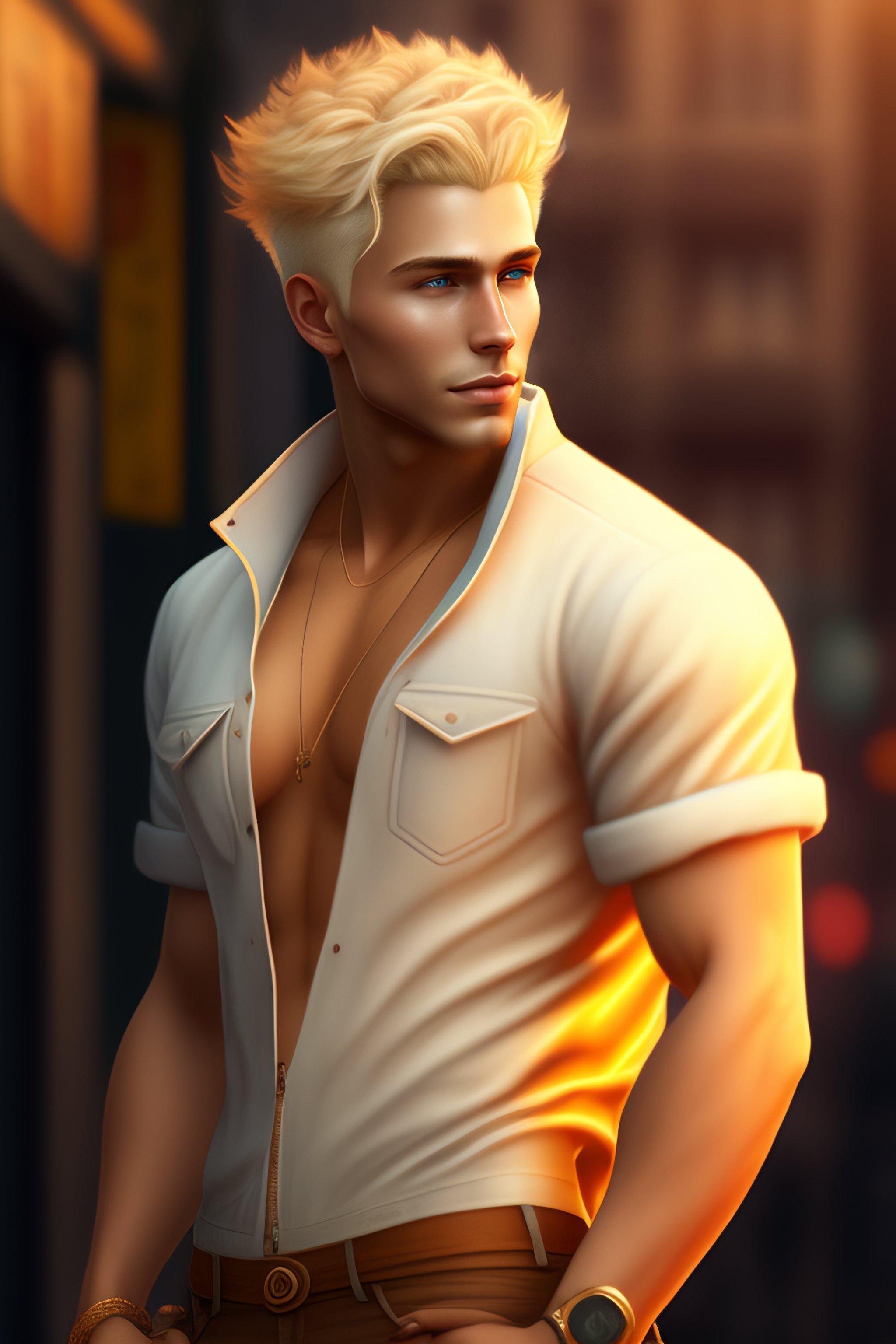 Lexica - Modern young man with ash blond hair, open and undone jeans ...