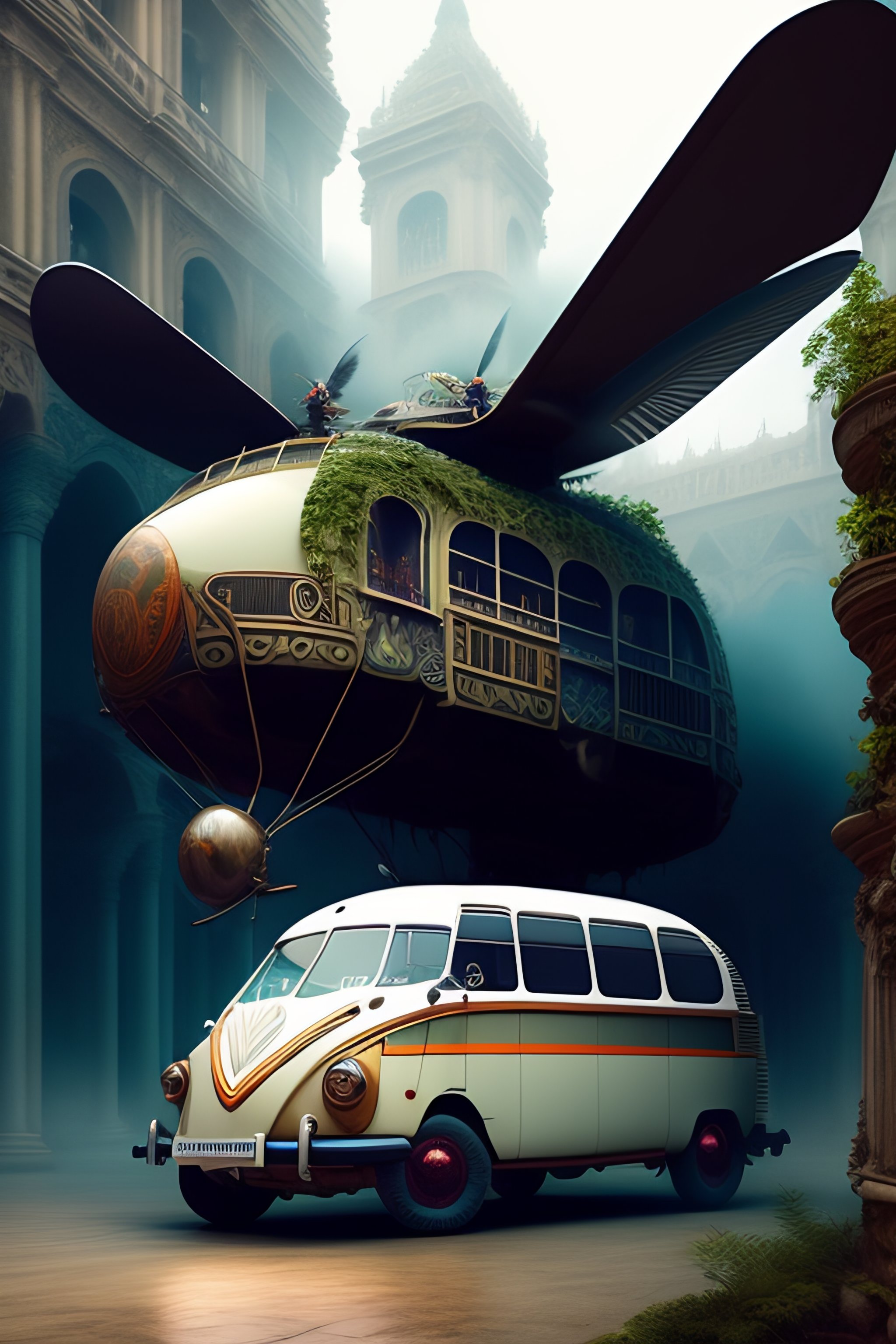 Lexica - Vw type 2 bus flying flapping wings over the sky , ancient ...