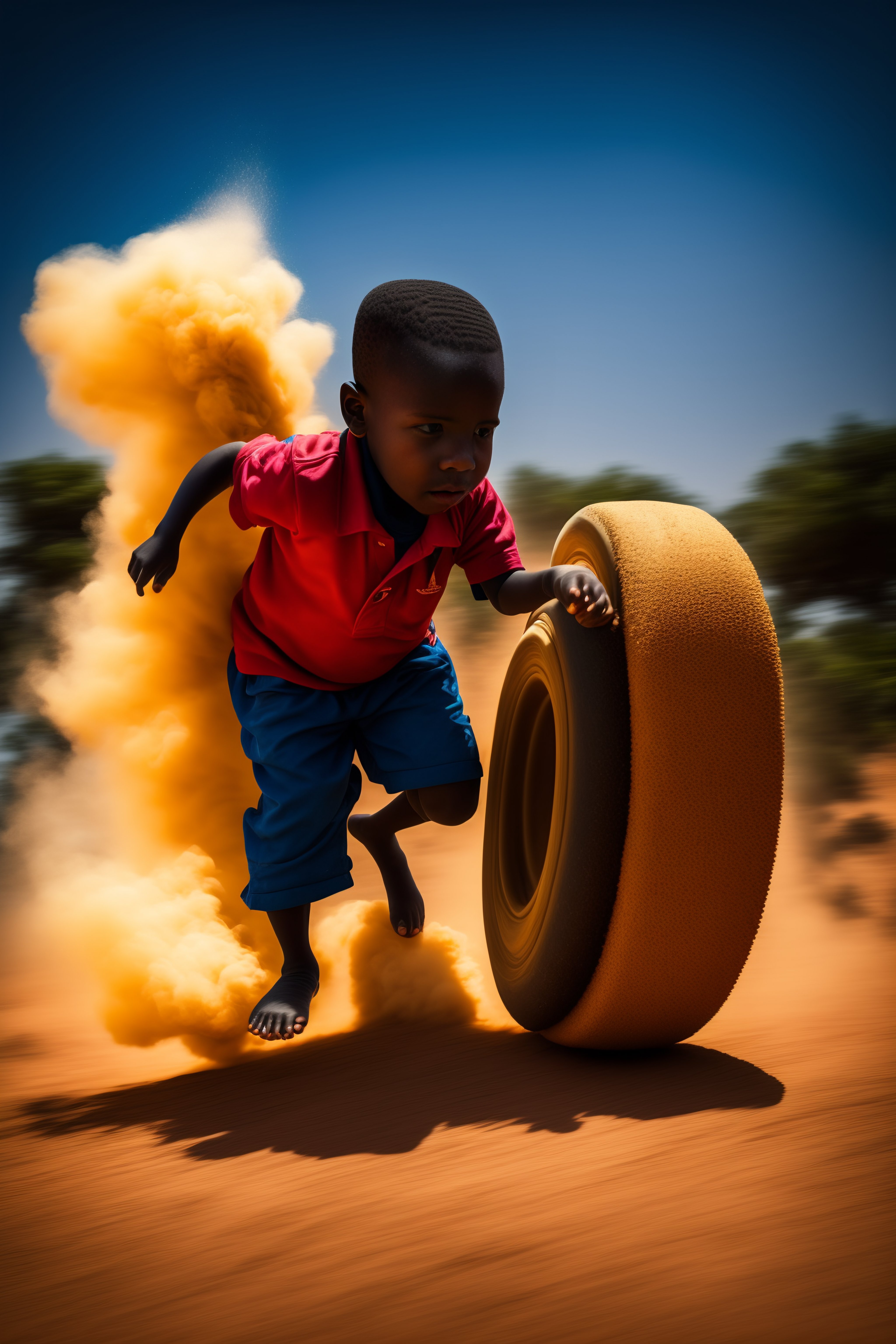 Lexica - African kids rolling a tyre, hero shot, fun, dusty