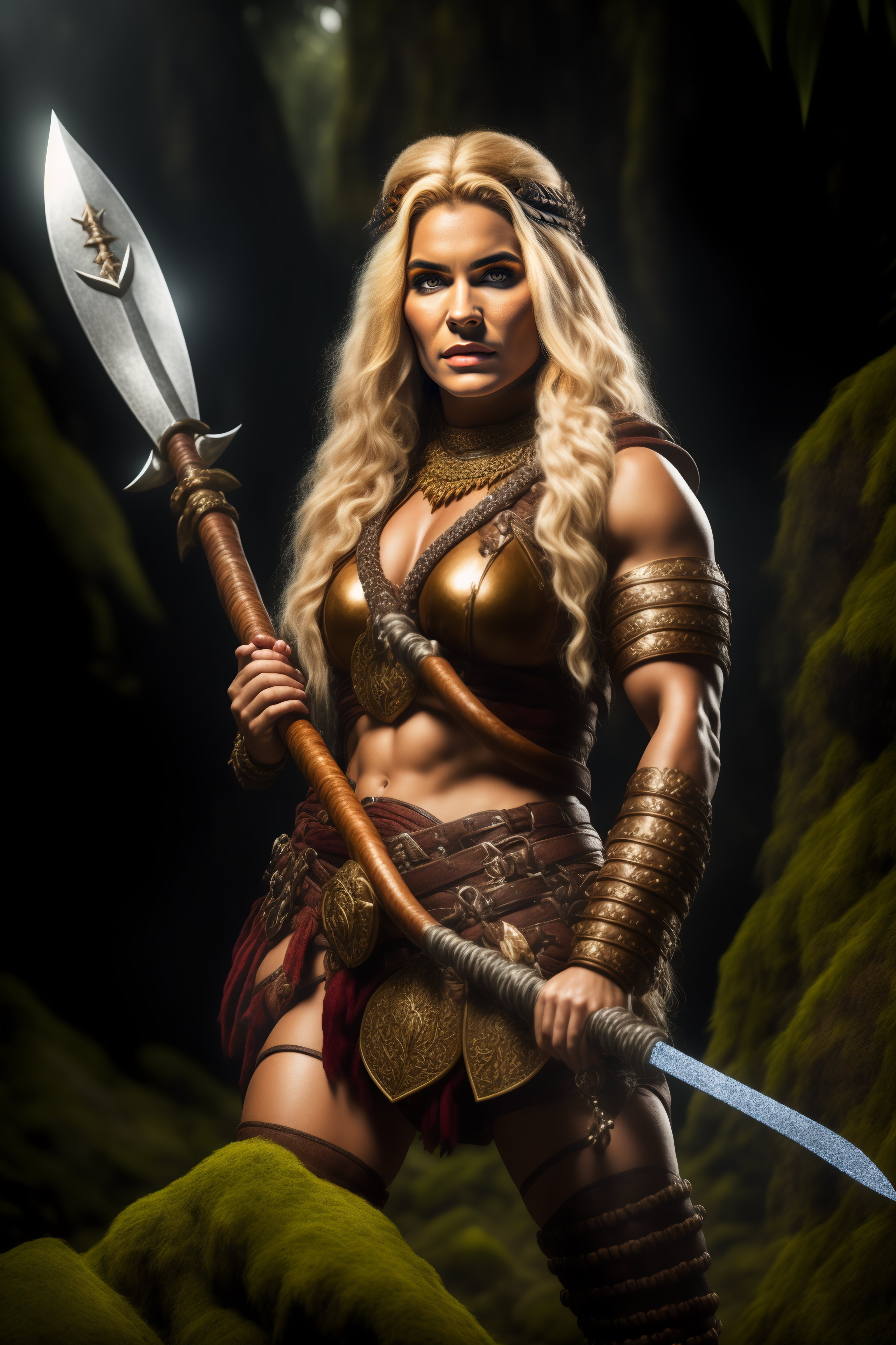 Lexica - Female dwarf barbarian with ice axe, body shot, jungle landscape, highly detailed, high ...